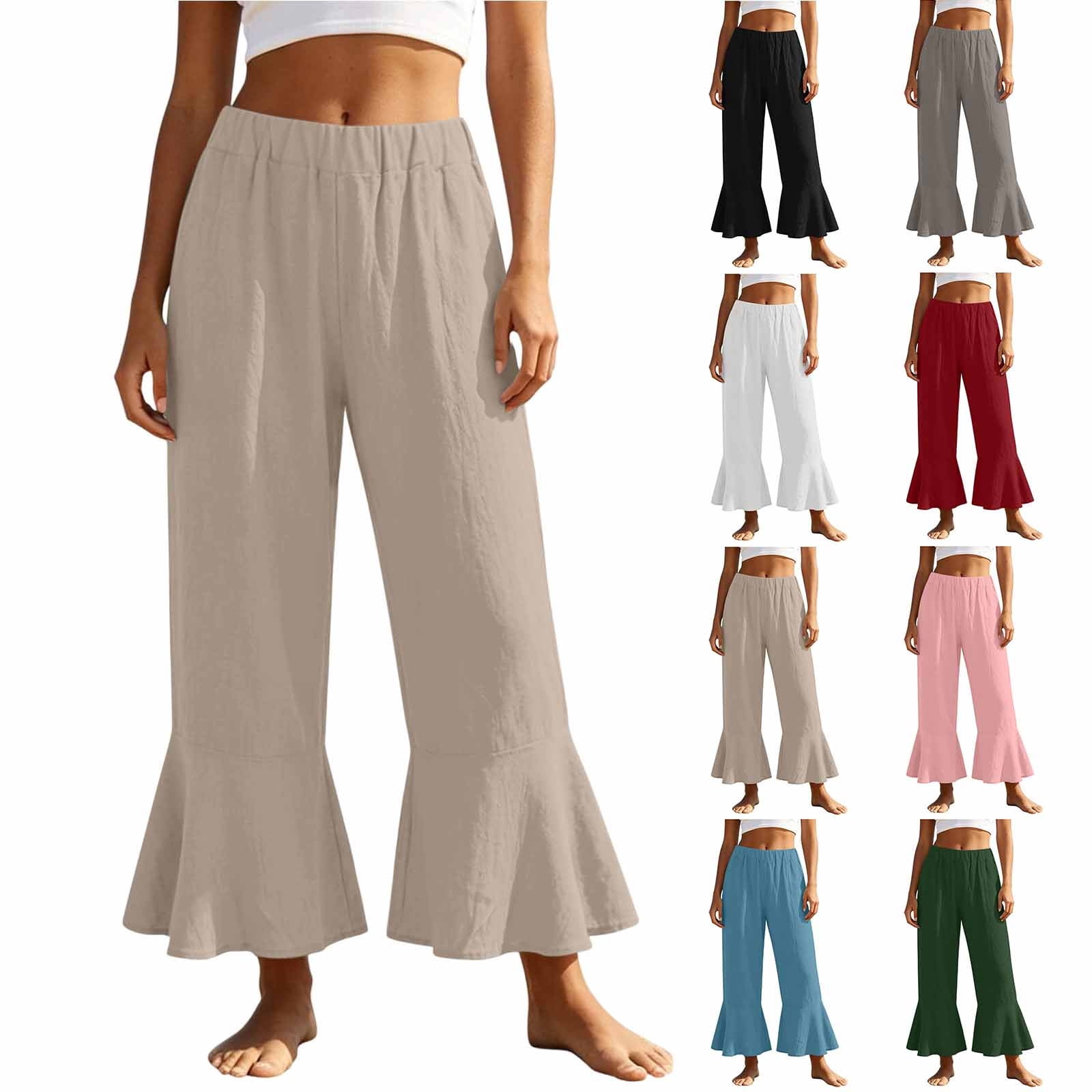 AnuYalue Linen Flare Pants for Women Cotton Baggy Boho Casual Palazzo ...