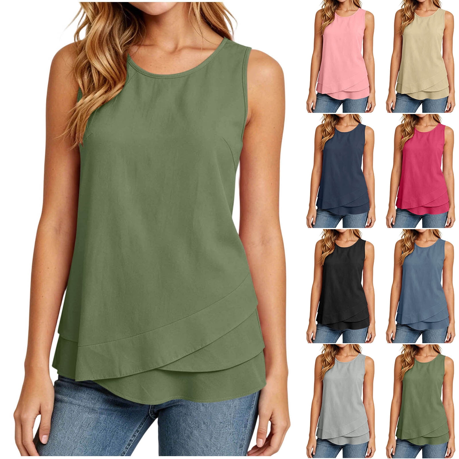 AnuYalue Linen Tank Tops for Women Sleeveless Round Neck Layered Flowy ...