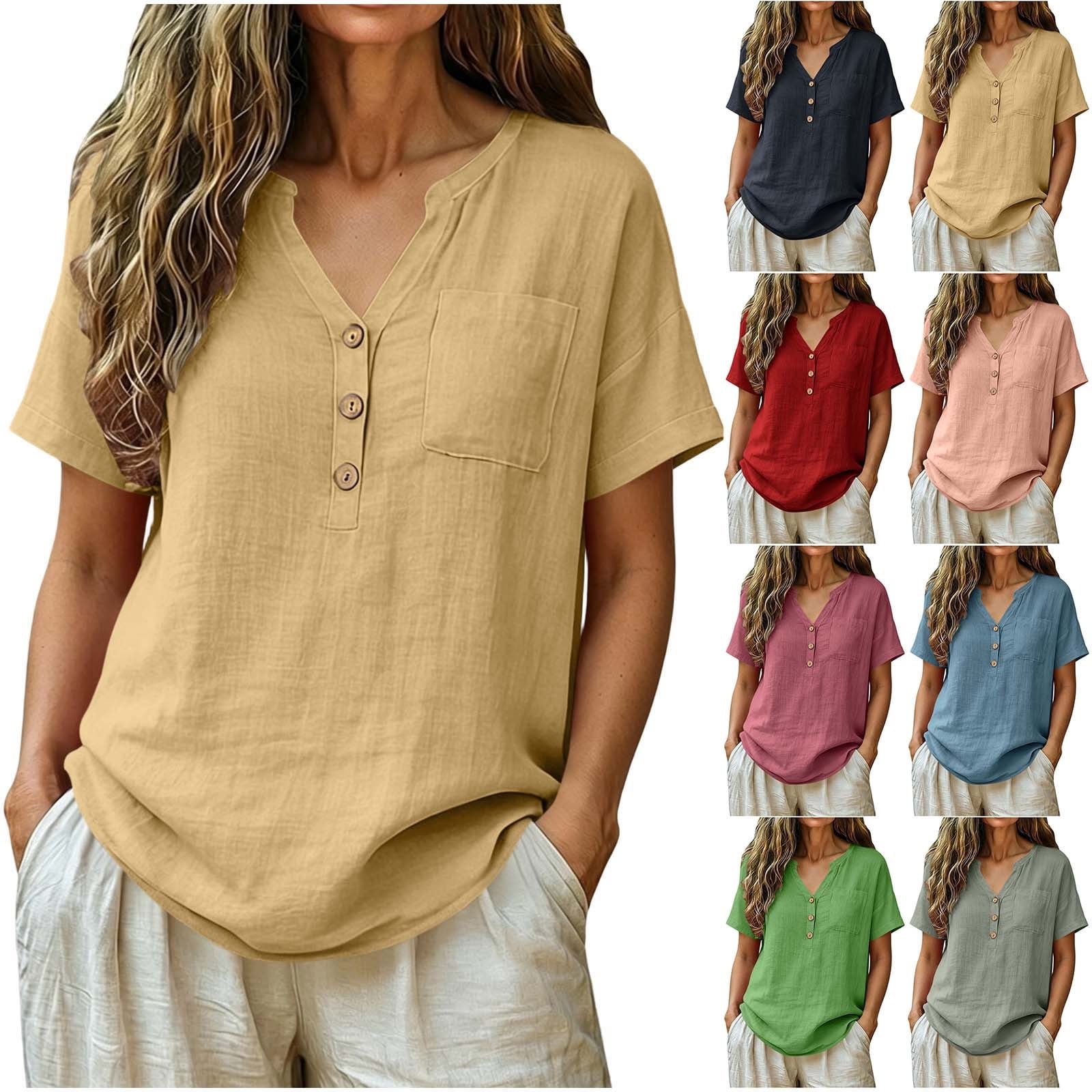 AnuYalue Linen Tops for Womens Trendy Short Sleeve V Neck Loose Fit ...