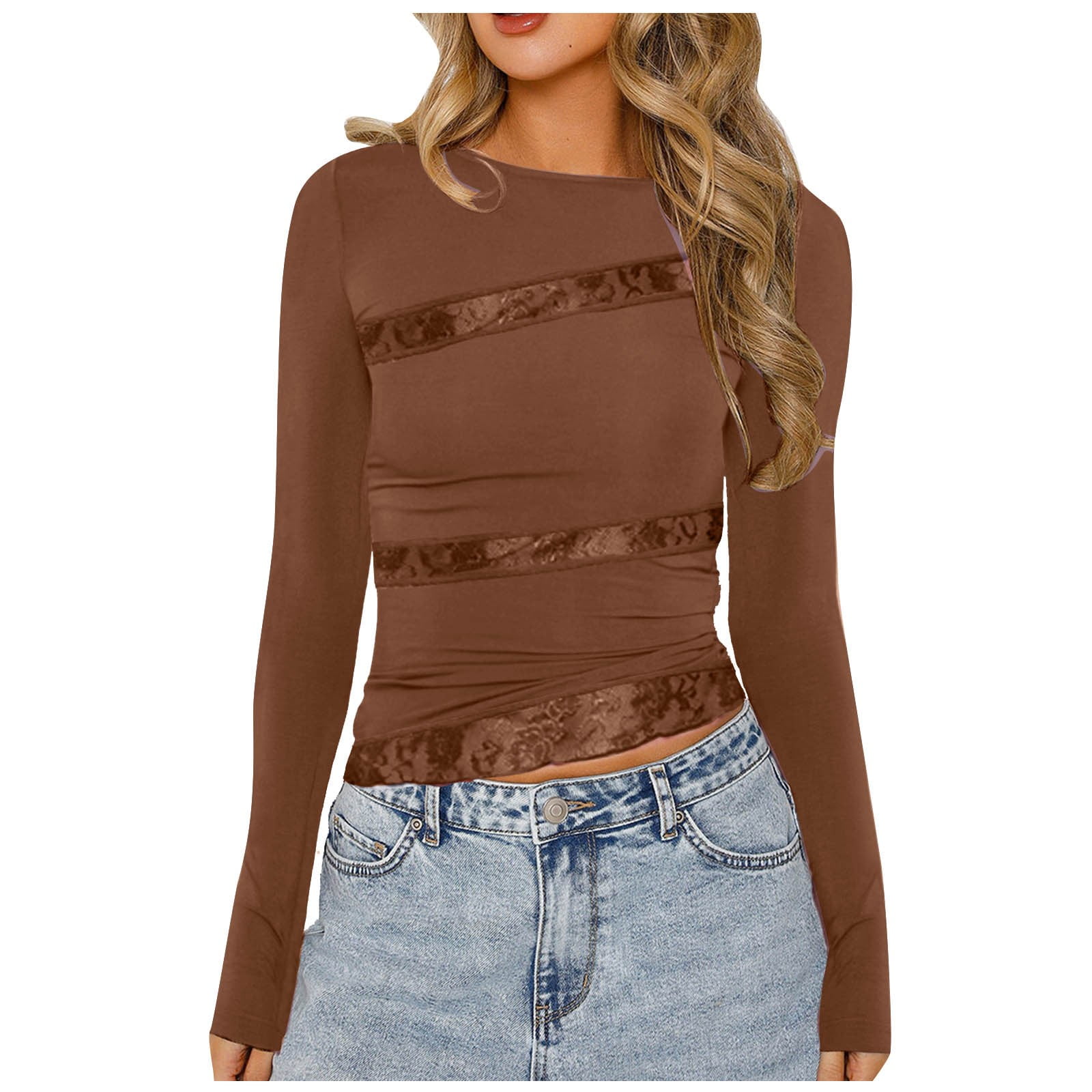 AnuYalue Long Sleeve Shiny Crop Top for Women Patchwork Slim Fit Y2K ...