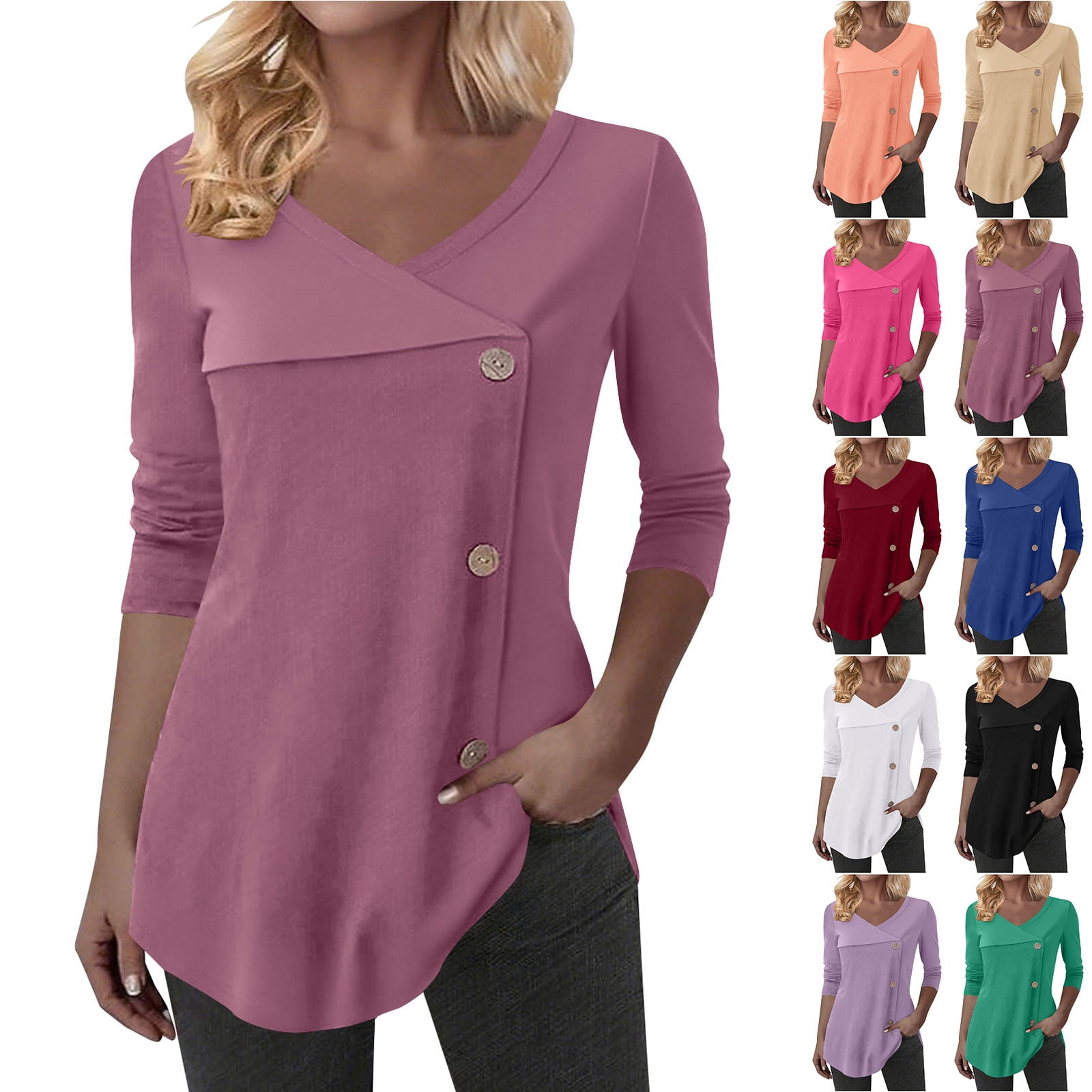 AnuYalue Long Sleeve Shirts for Women Pleated Side Button Fall Tops V ...