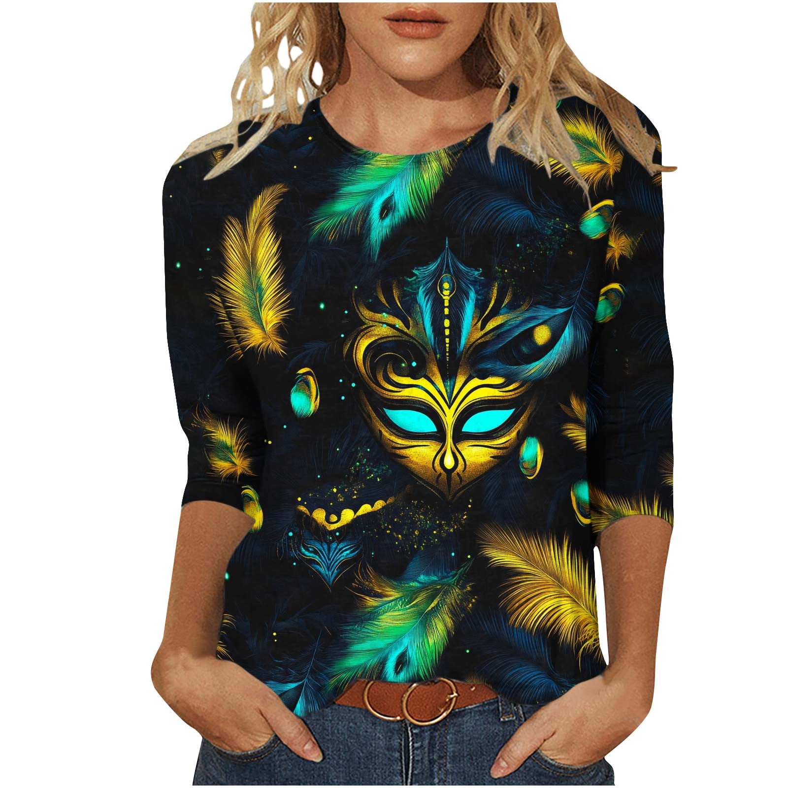 AnuYalue Mardi Gras Shirts for Women 3/4 Sleeve Sequin Tops Mask ...