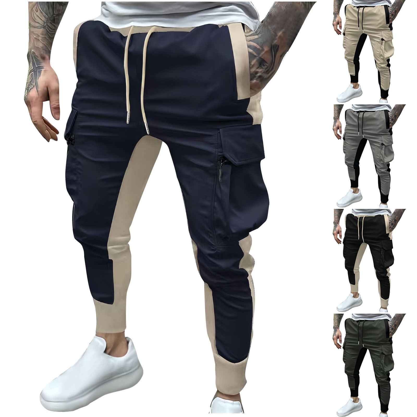 AnuYalue Men's Color Block Cargo Pants Casual Elastic Waist Jogger ...