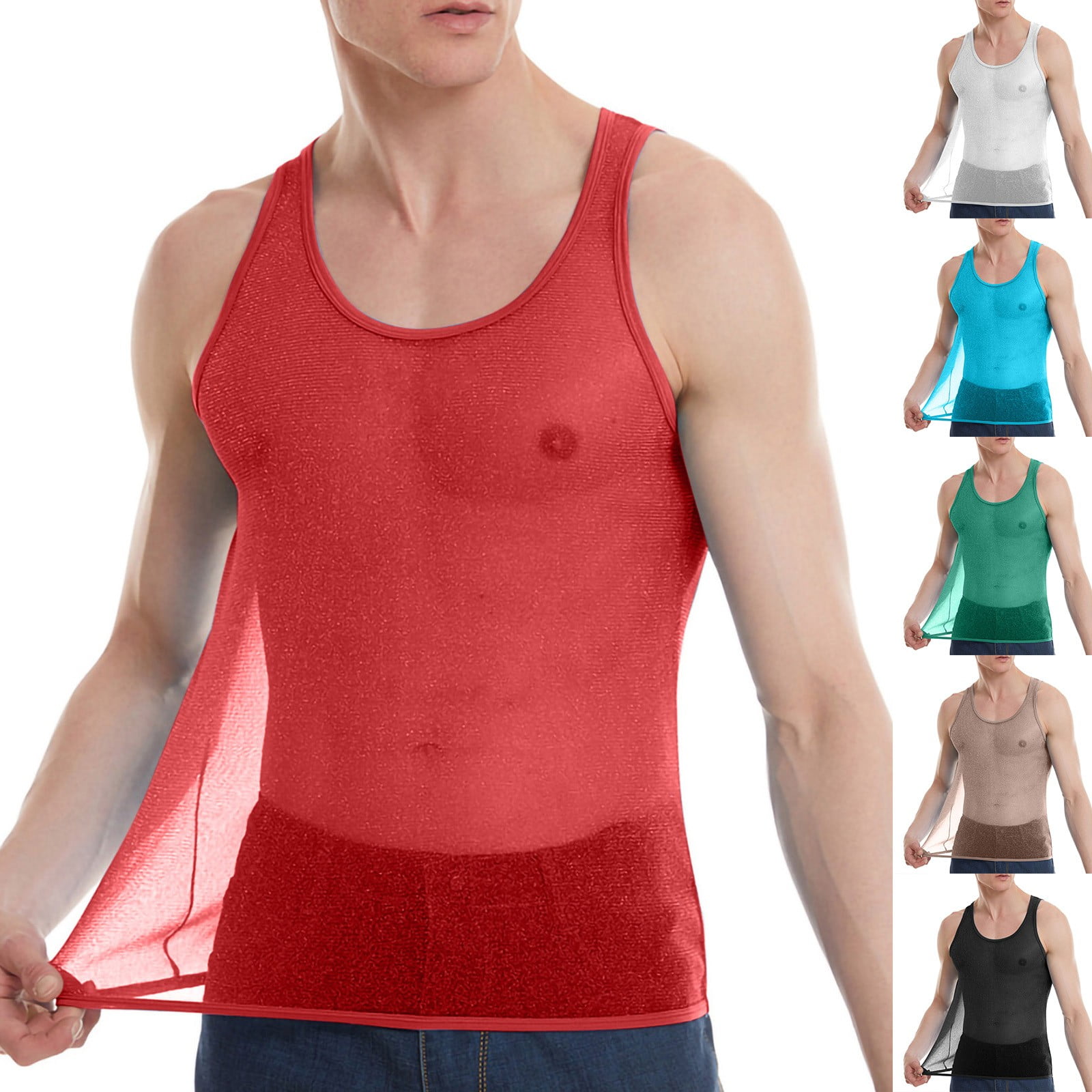 AnuYalue Men's Sheer Tank Top Lightweight Sparkly Mesh Tops Gym Fitness ...