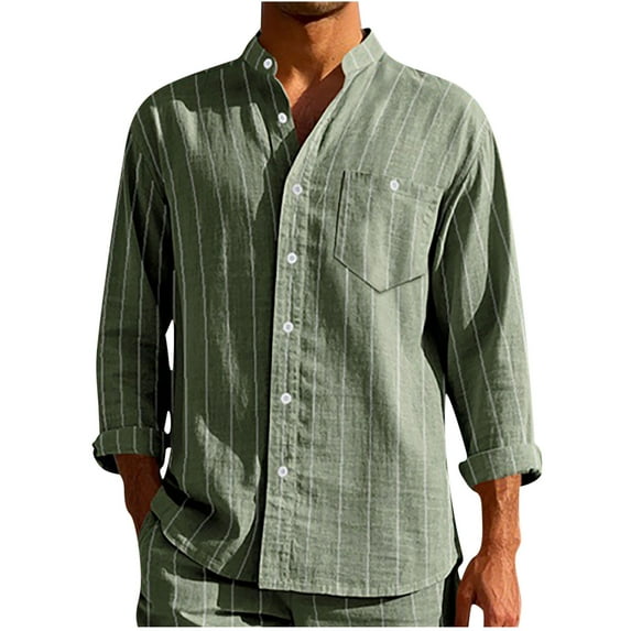 AnuYalue Men's Shirts Casual Button Down Striped Shirt Stand Collar ...