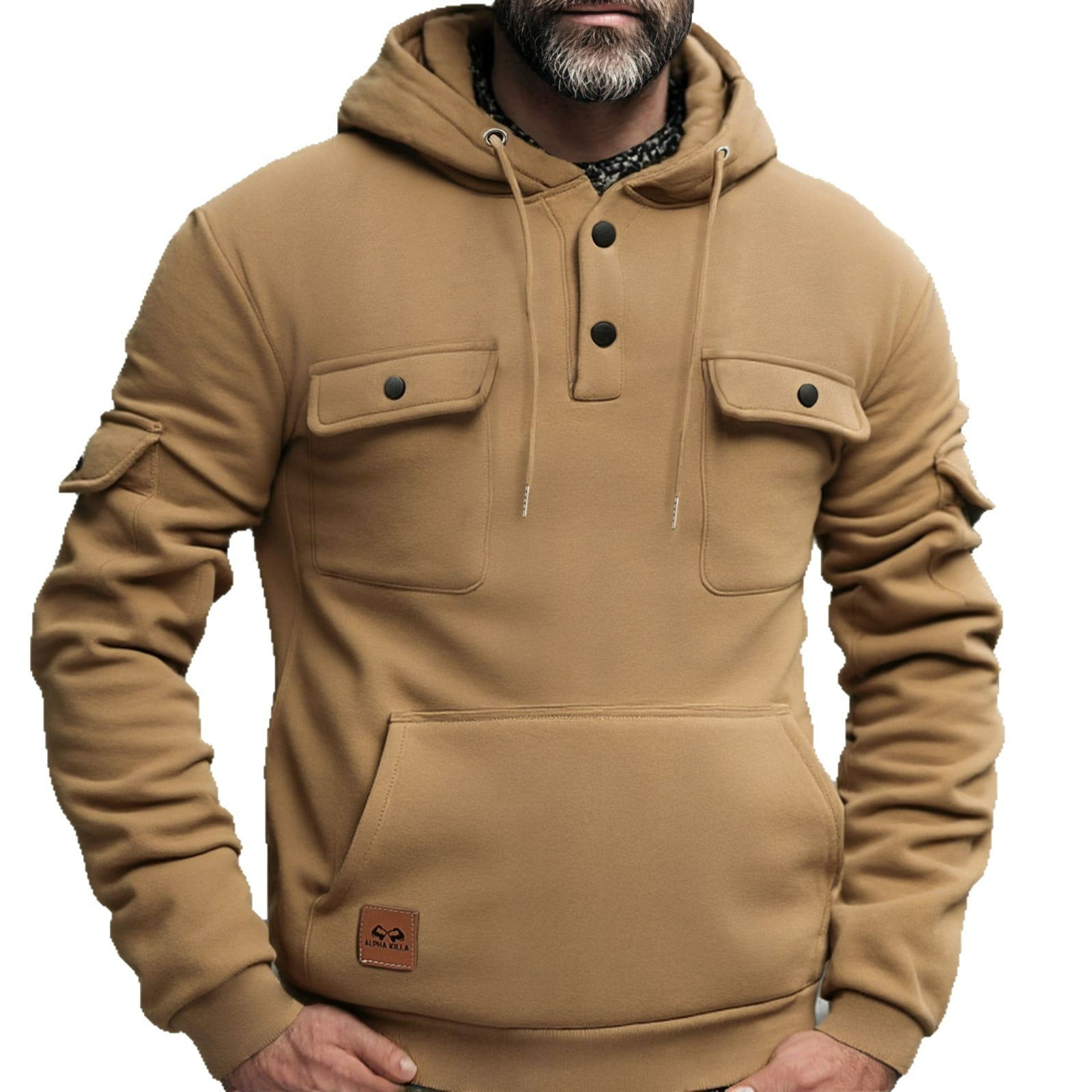 AnuYalue Mens Cargo Hoodies Fleece Button Up Sweatshirts Multi Pockets ...