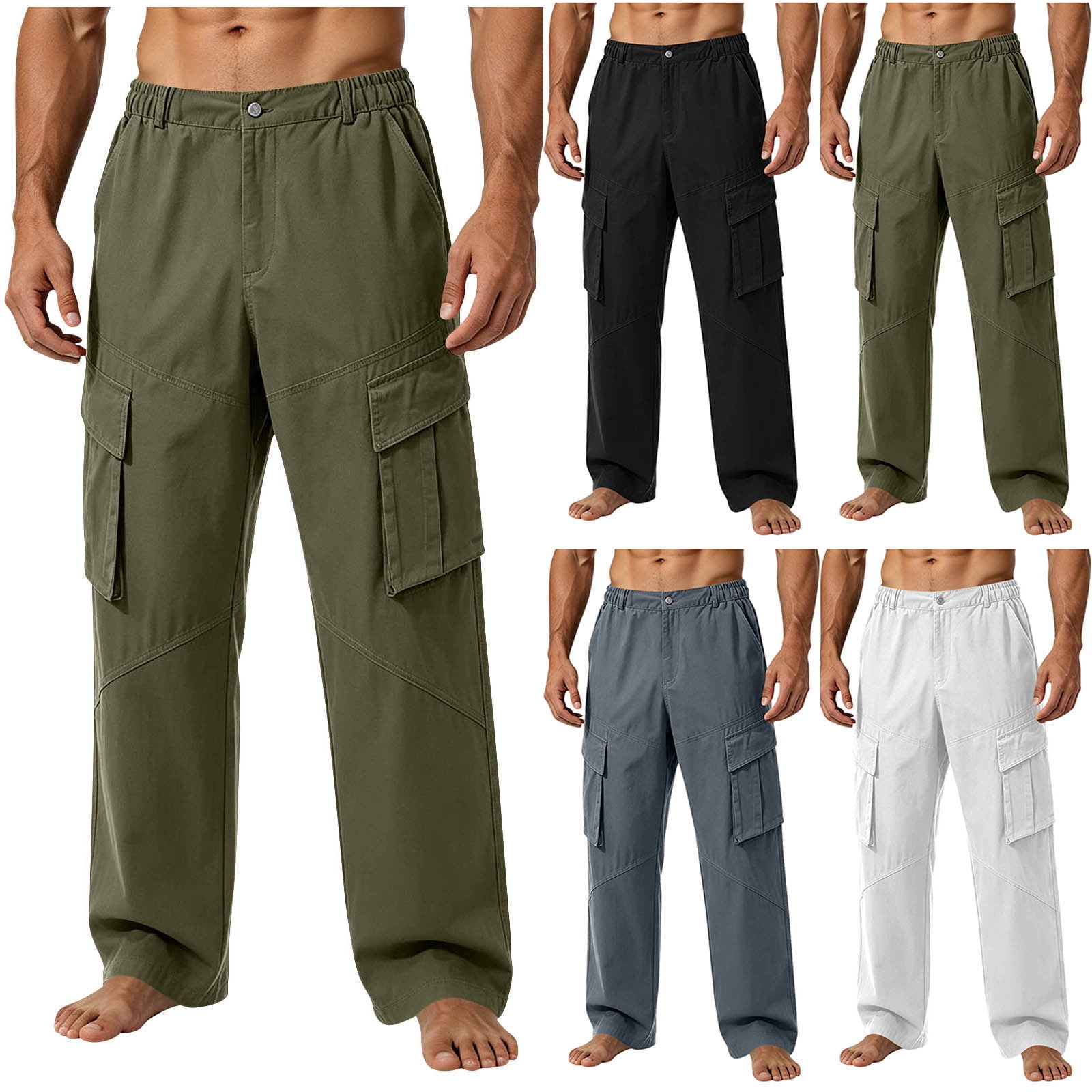 AnuYalue Mens Cotton Cargo Pants Casual Loose Fit Elastic Waist Pant ...