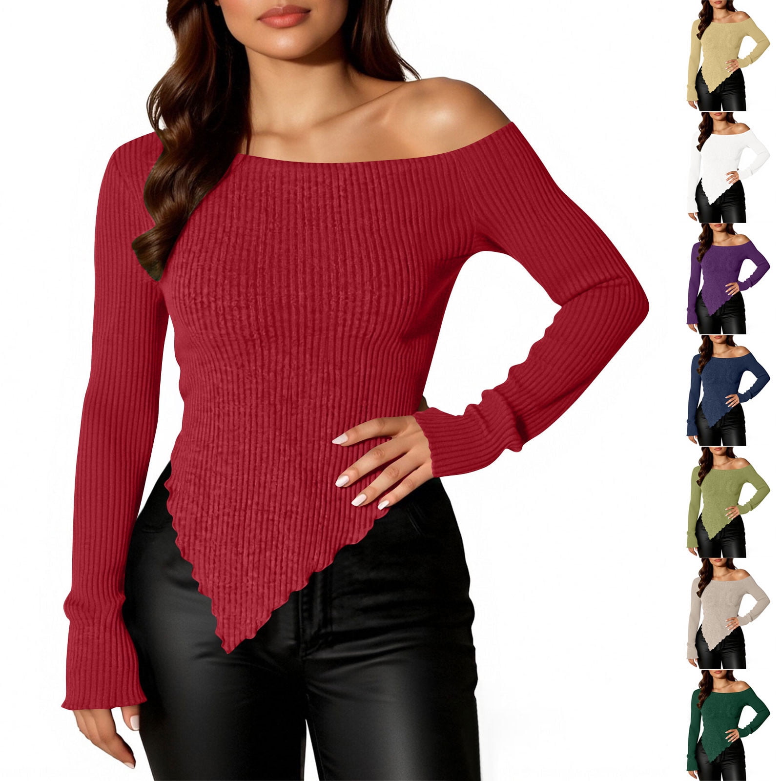 AnuYalue One Shoulder Tops for Women Long Sleeve Asymmetrical Hem ...
