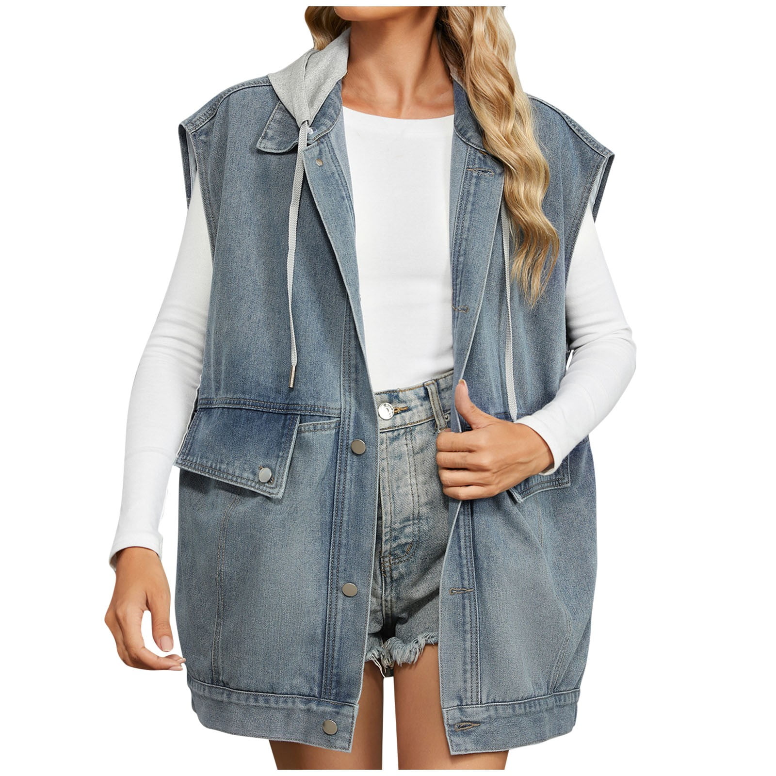 AnuYalue Oversized Denim Vest for Women Drawstring Hooded Sleeveless ...