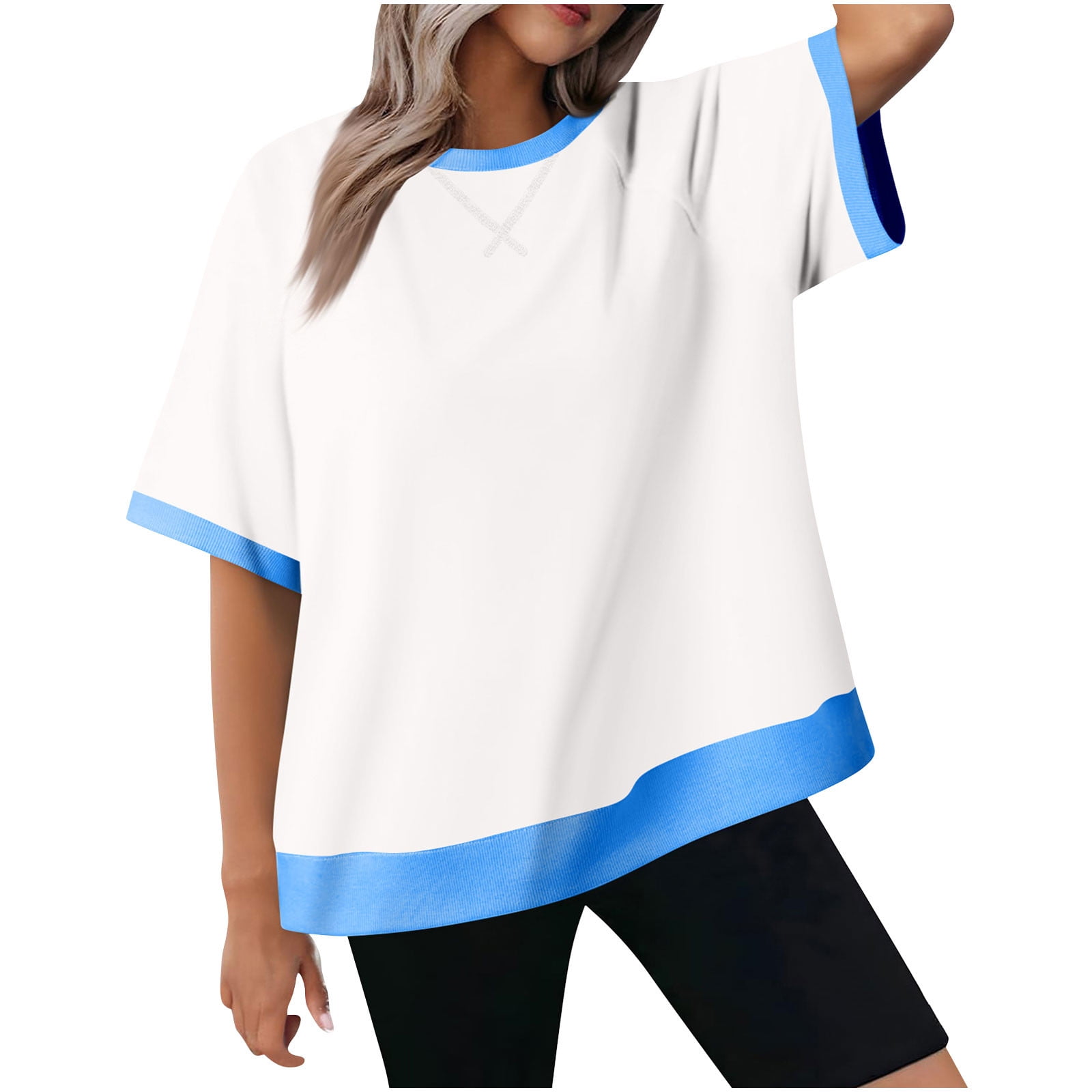 AnuYalue Oversized T Shirts for Women Striped Color Block Crewneck ...