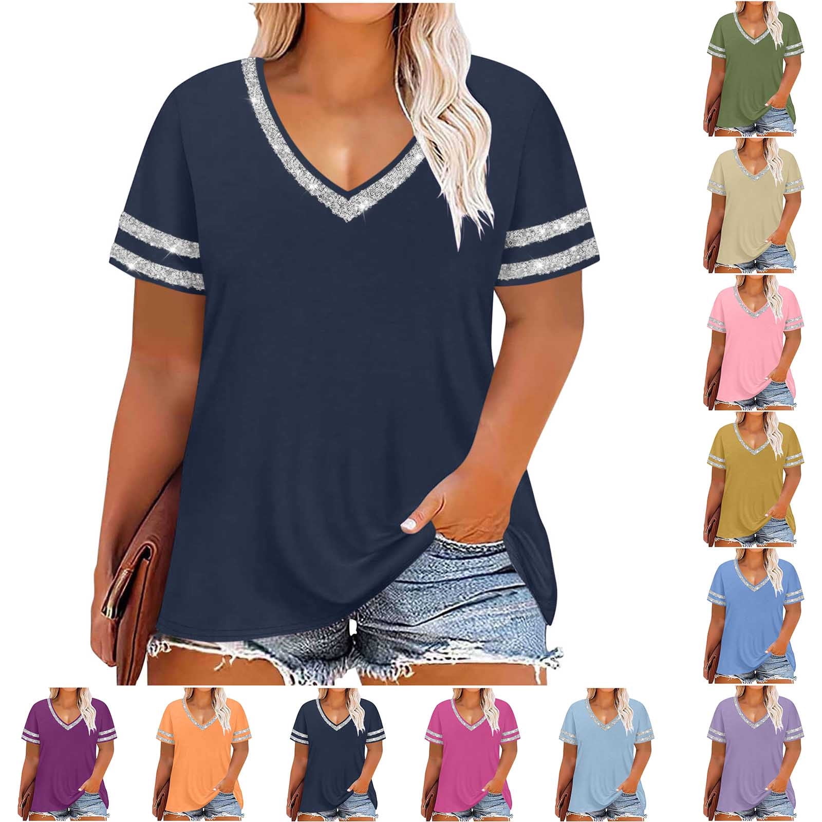 AnuYalue Plus Size Tops for Women Short Sleeve Striped T Shirt Casual ...