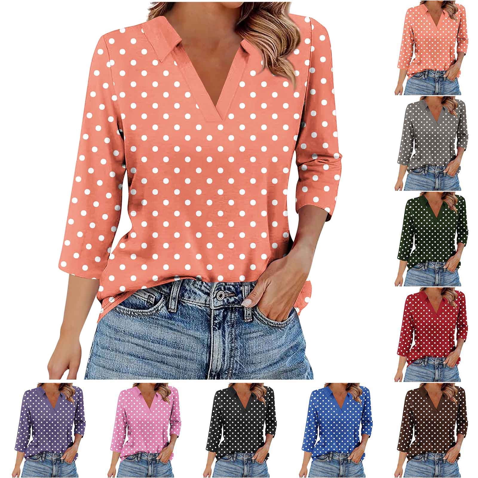 AnuYalue Polka Dots Tunic Blouses for Women Casual V Neck Tops 3/4 ...