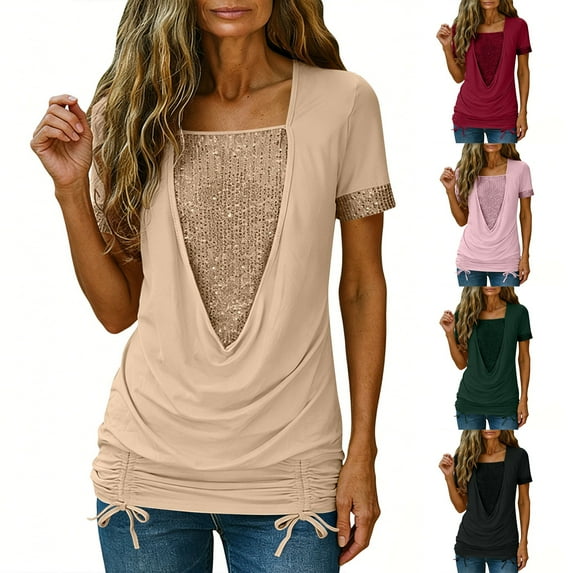 AnuYalue Sequin Tops for Women Plus Size Short Sleeve T-Shirt Casual ...