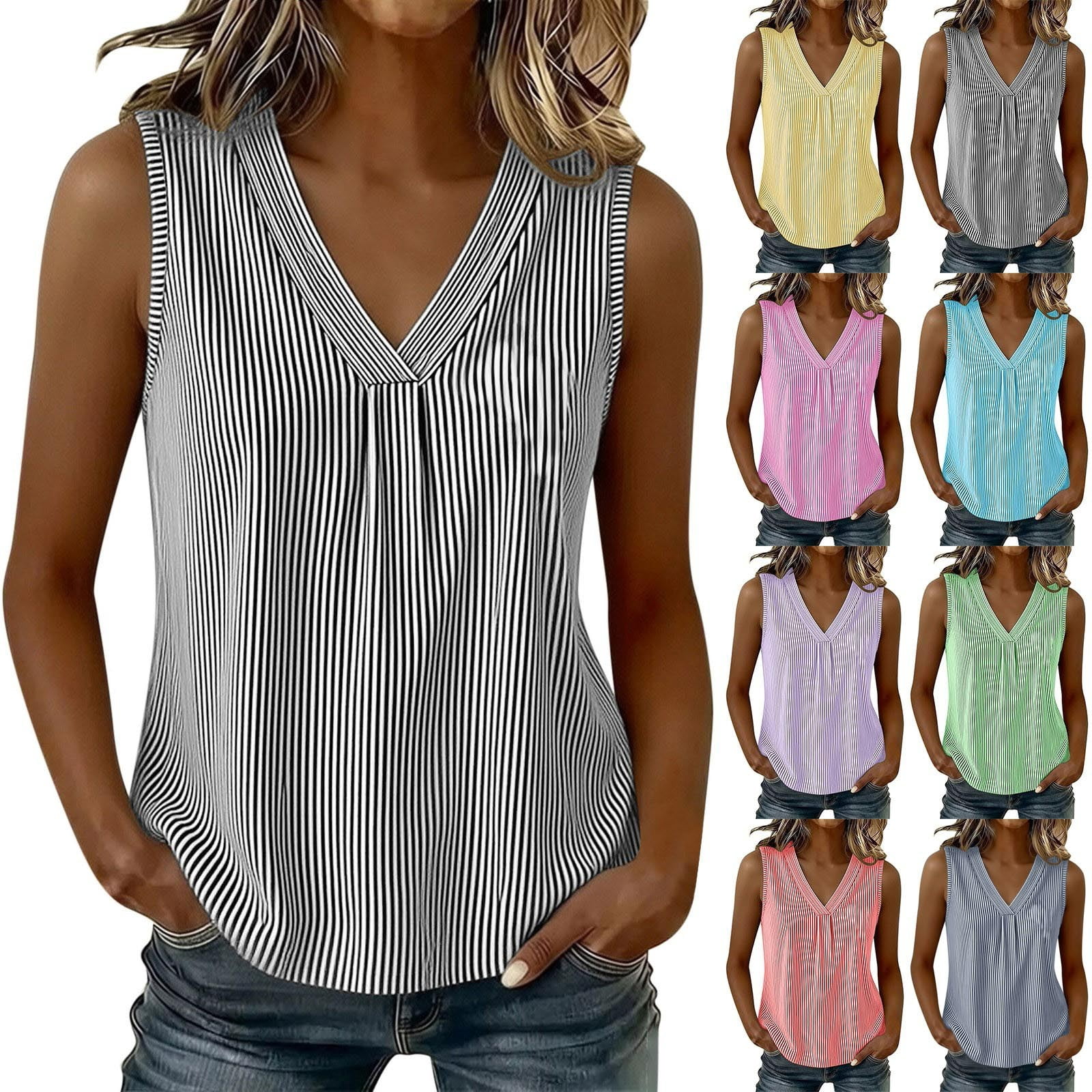 AnuYalue Tank Top for Women Summer Striped Loose Fit Shirts V Neck ...