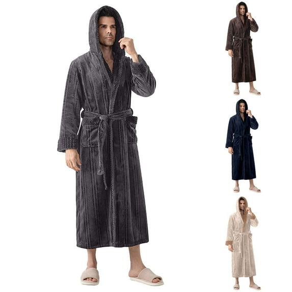 AnuYalue Unisex Fleece Robe Long Sleeve Hooded Bathrobes V Neck ...