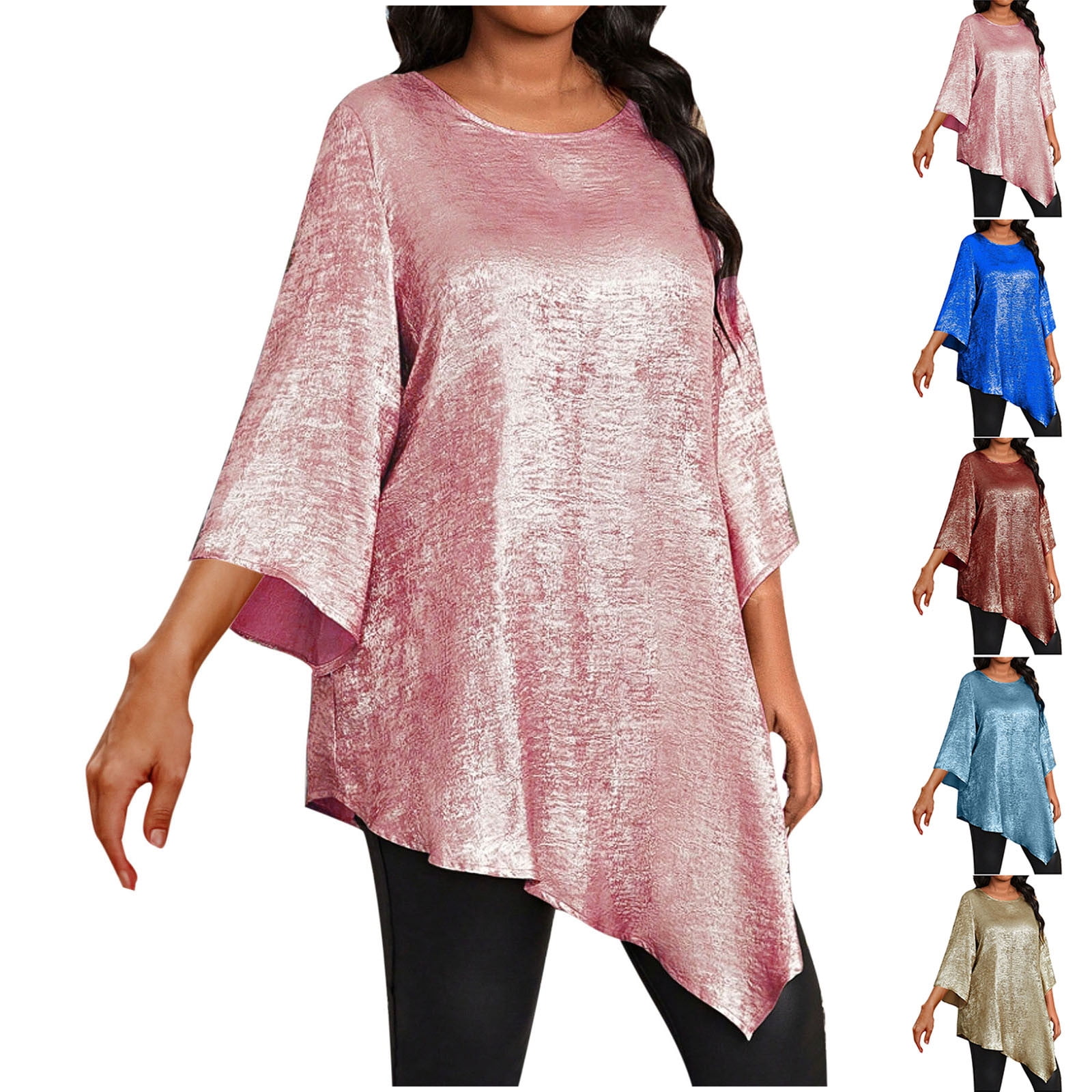AnuYalue Women Plus Size Blouse 3/4 Sleeve Glitter Tops Fashion Crew ...