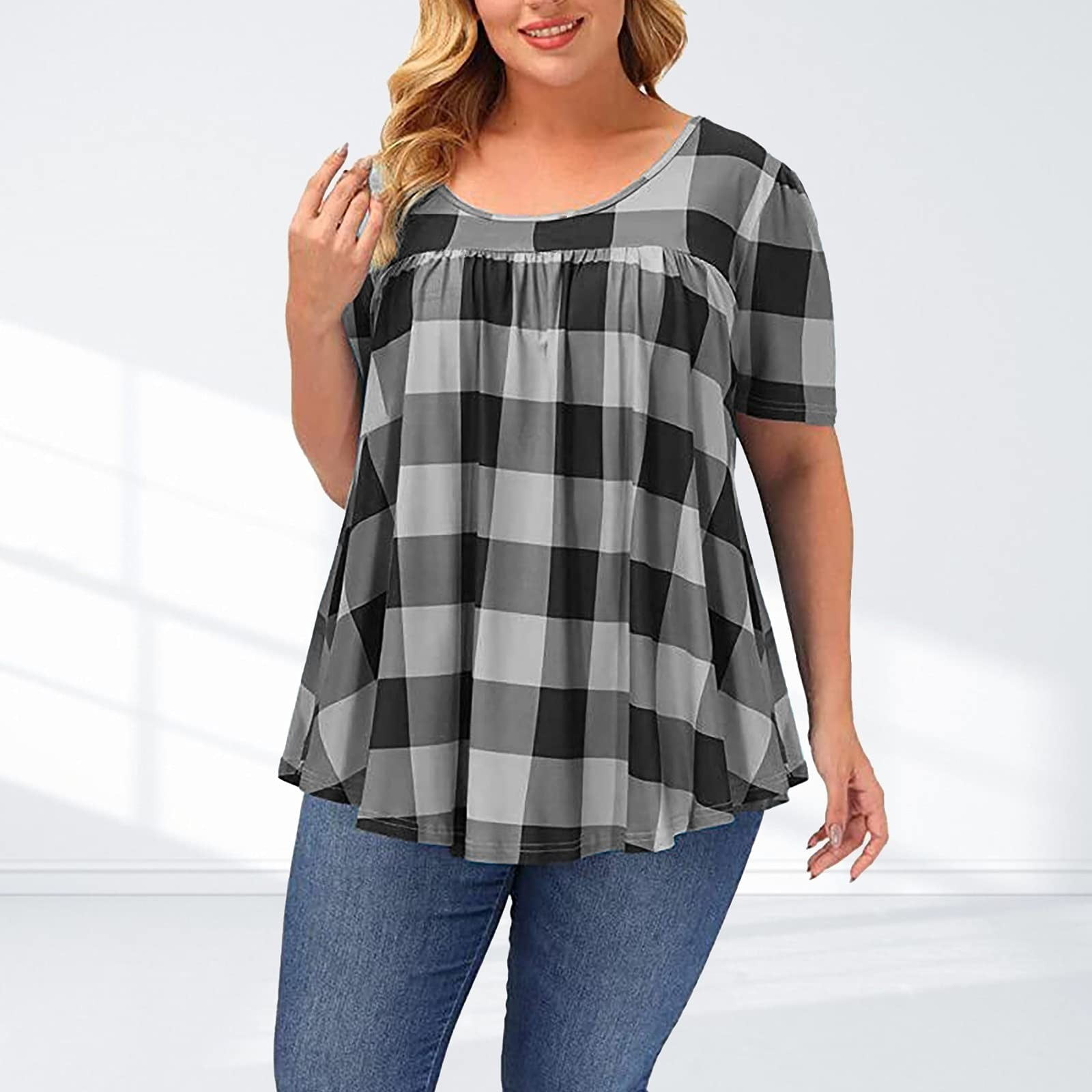 AnuYalue Women Plus Size Short Sleeve Top Casual Plaid Printed Flowy ...