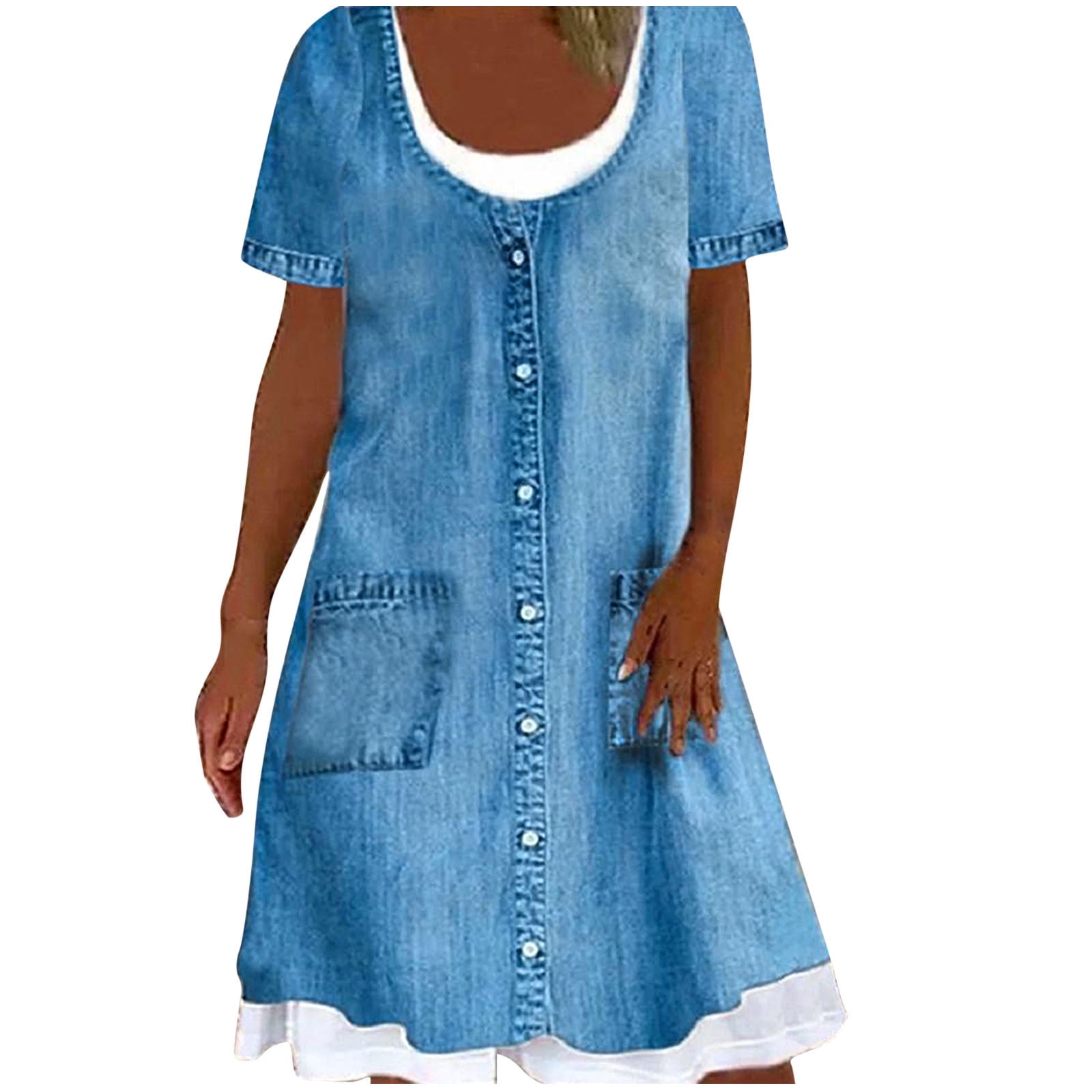 AnuYalue Women Round Neck Fake Two Piece Denim Dresses Casual Dress ...