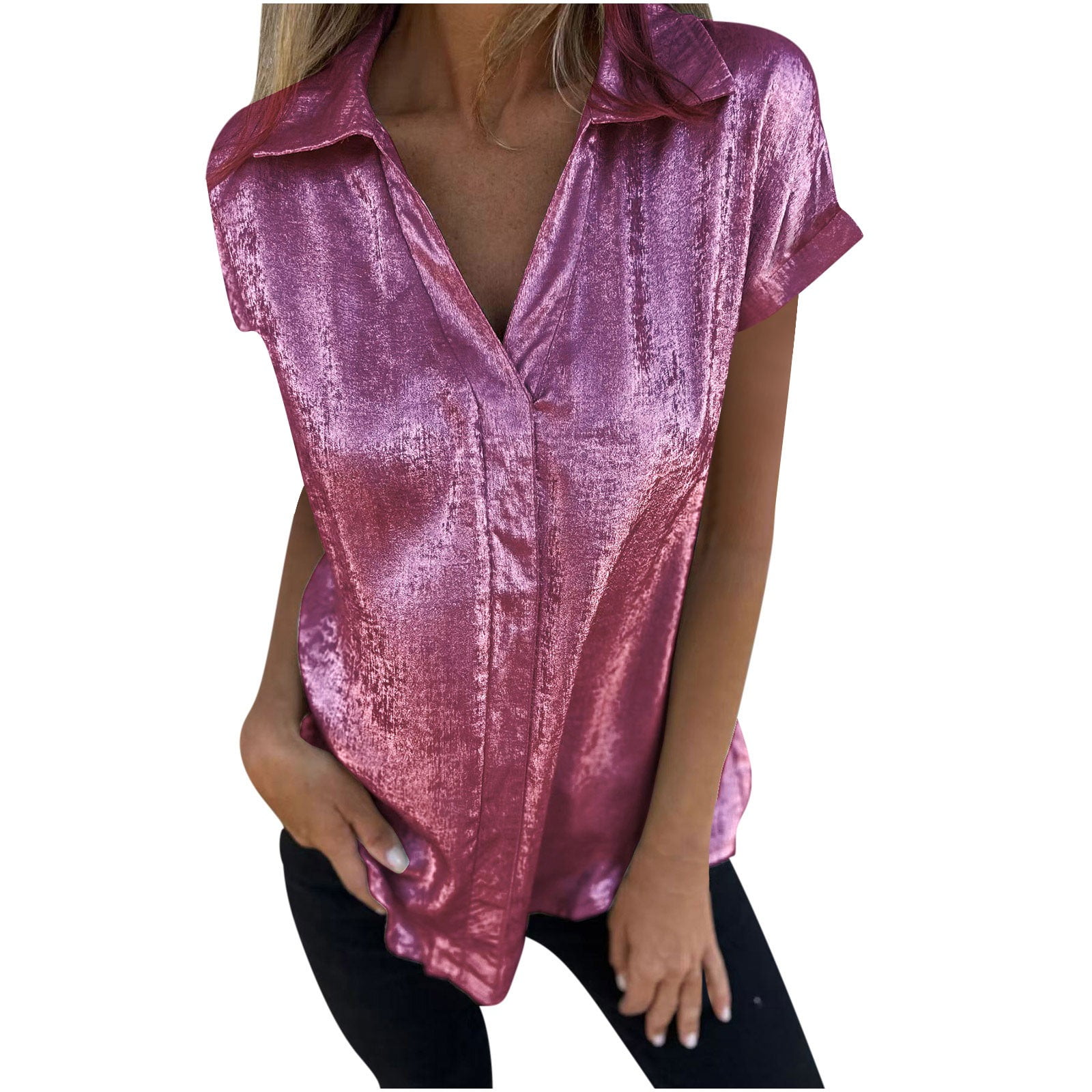 AnuYalue Women Shiny Button Down Shirt Short Sleeve Lapel Sparkly ...