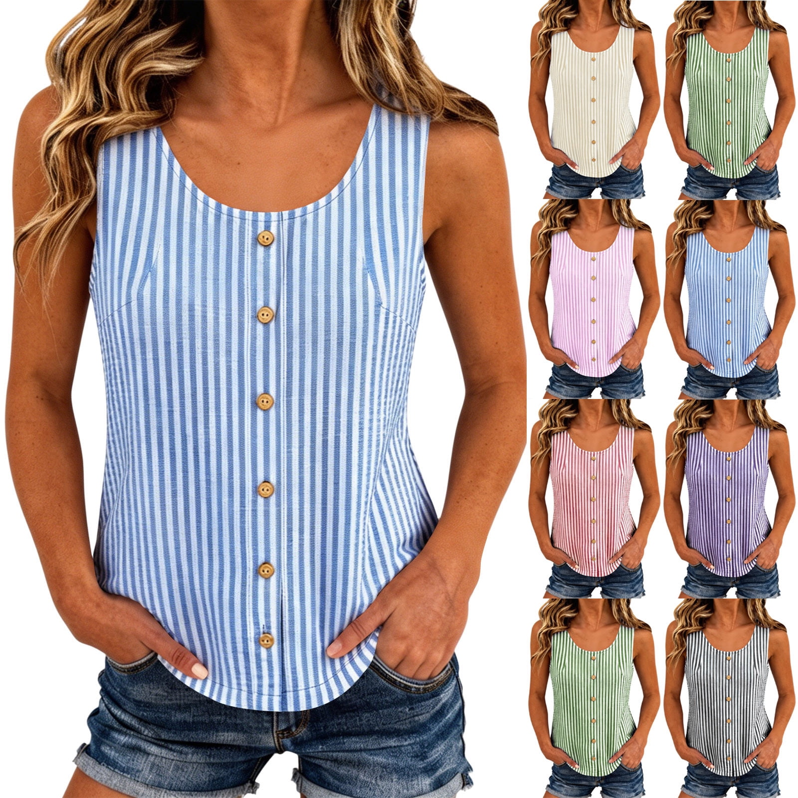 AnuYalue Women Tank Tops Sleeveless Henley T Shirt Loose Striped Top ...