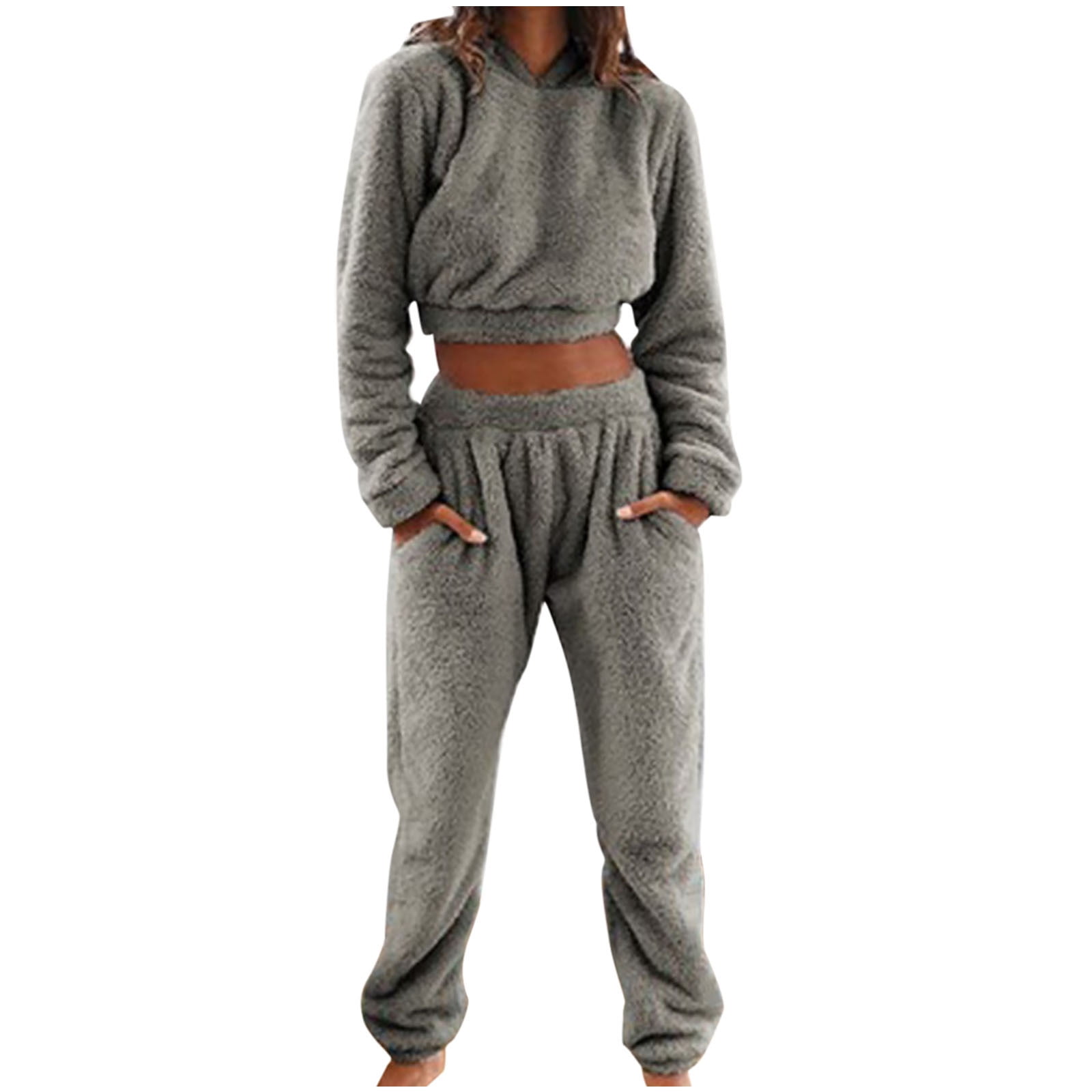 AnuYalue Women Two Piece Outfits Fleece Trendy Crop Hoodie Elastic ...