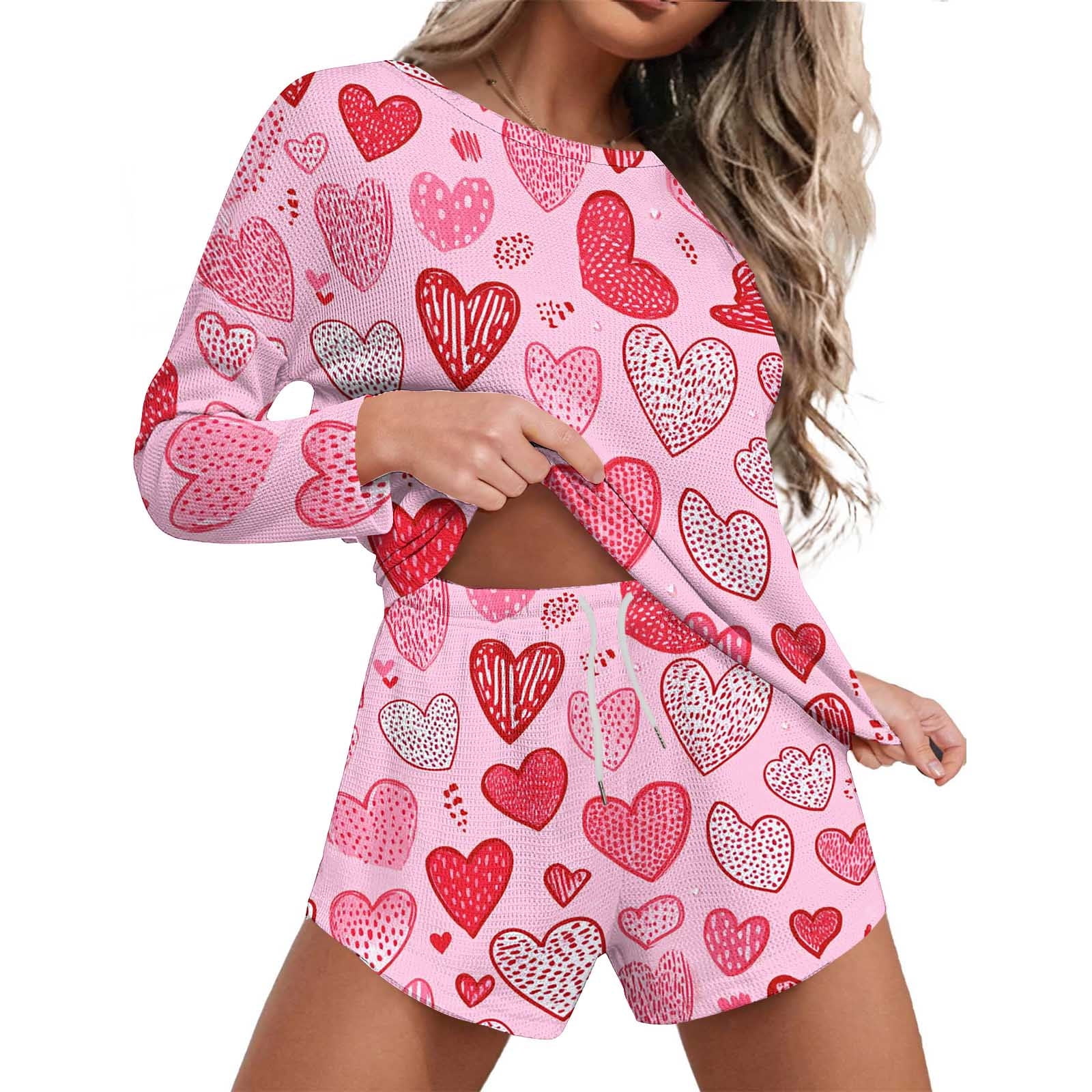 AnuYalue Women Waffle Lounge Sets 2 Piece Valentines Day Pajamas Set ...