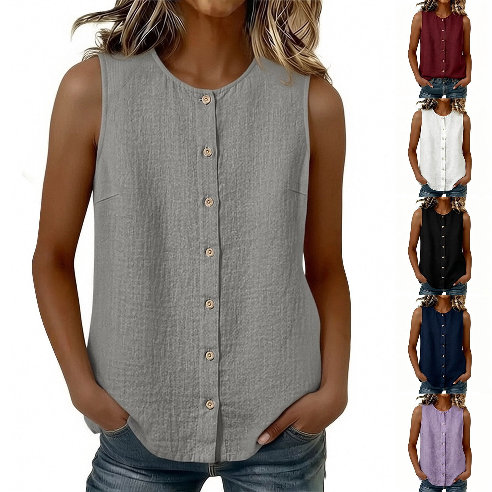 AnuYalue Women's Crew Neck Sleeveless Shirt Summer Buttons Down Tank ...