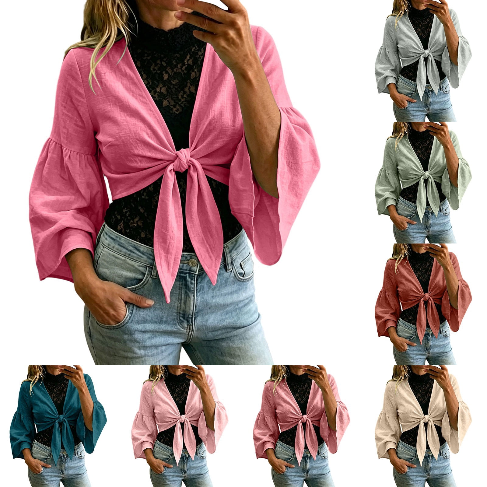 AnuYalue Women's Cute Cropped Cardigans Tie Front Long Flared Sleeve ...