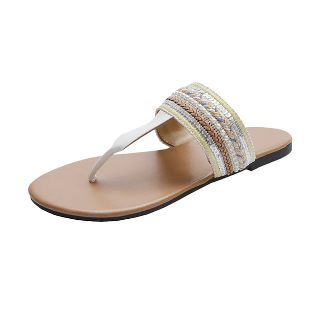 AnuYalue Women's Flat Slide Sandals - Casual Bling Bohemian Thong Slip ...