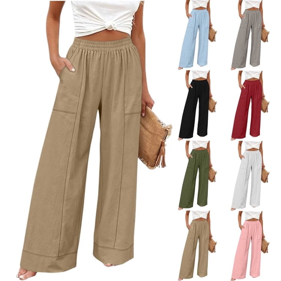 AnuYalue Women's Linen Wide Leg Pants, High Waist Flowy Palazzo Pants ...