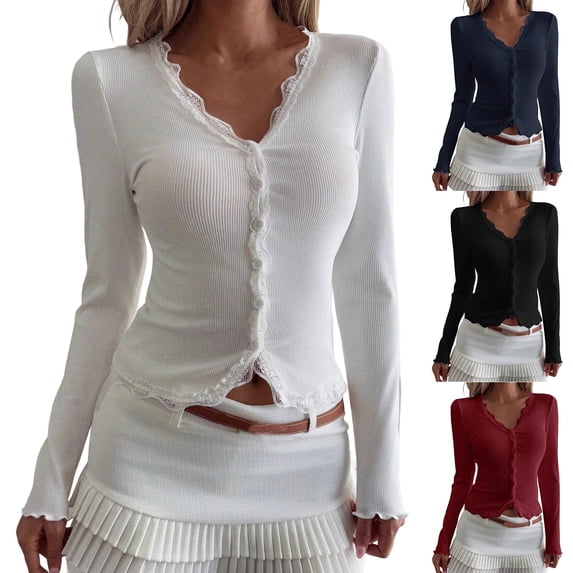 AnuYalue Women's Long Sleeve Lace Tops Button Down Fitted Ribbed Knit ...