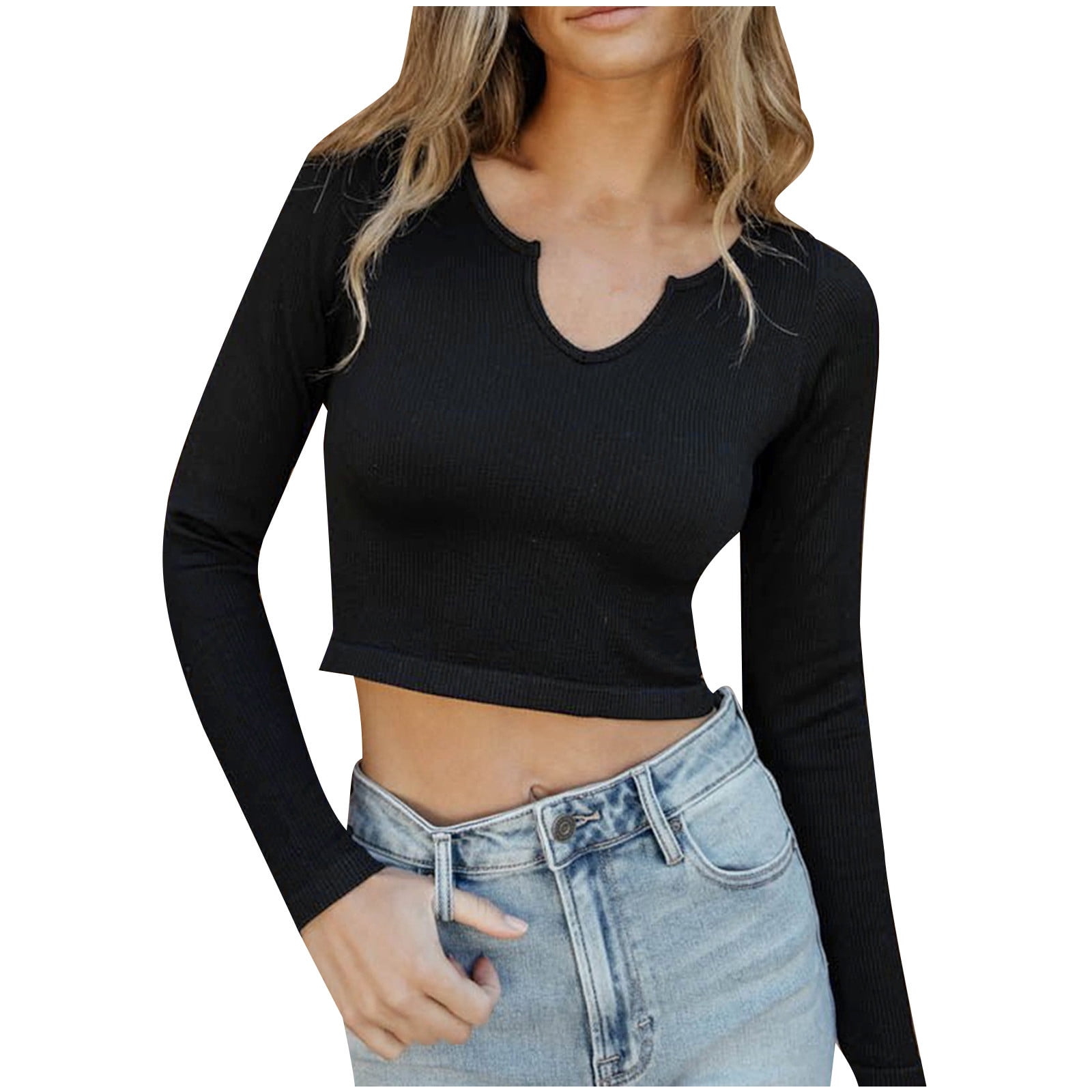 AnuYalue Women's Notch Micro Neck Crop Top Slim Fitted Trendy Seamless ...