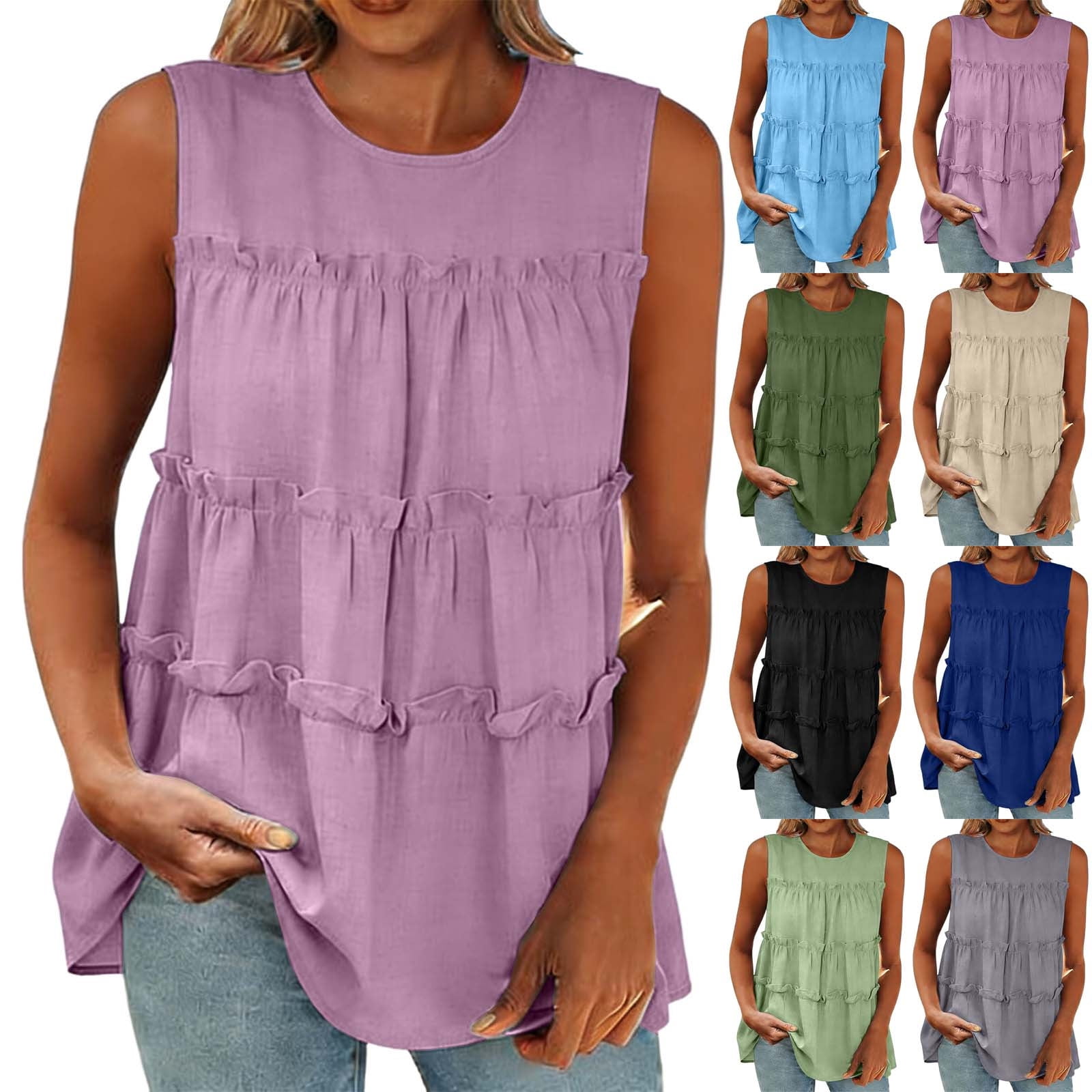 AnuYalue Women's Summer Sleeveless Tiered Peplum Tops Casual Crew Neck ...