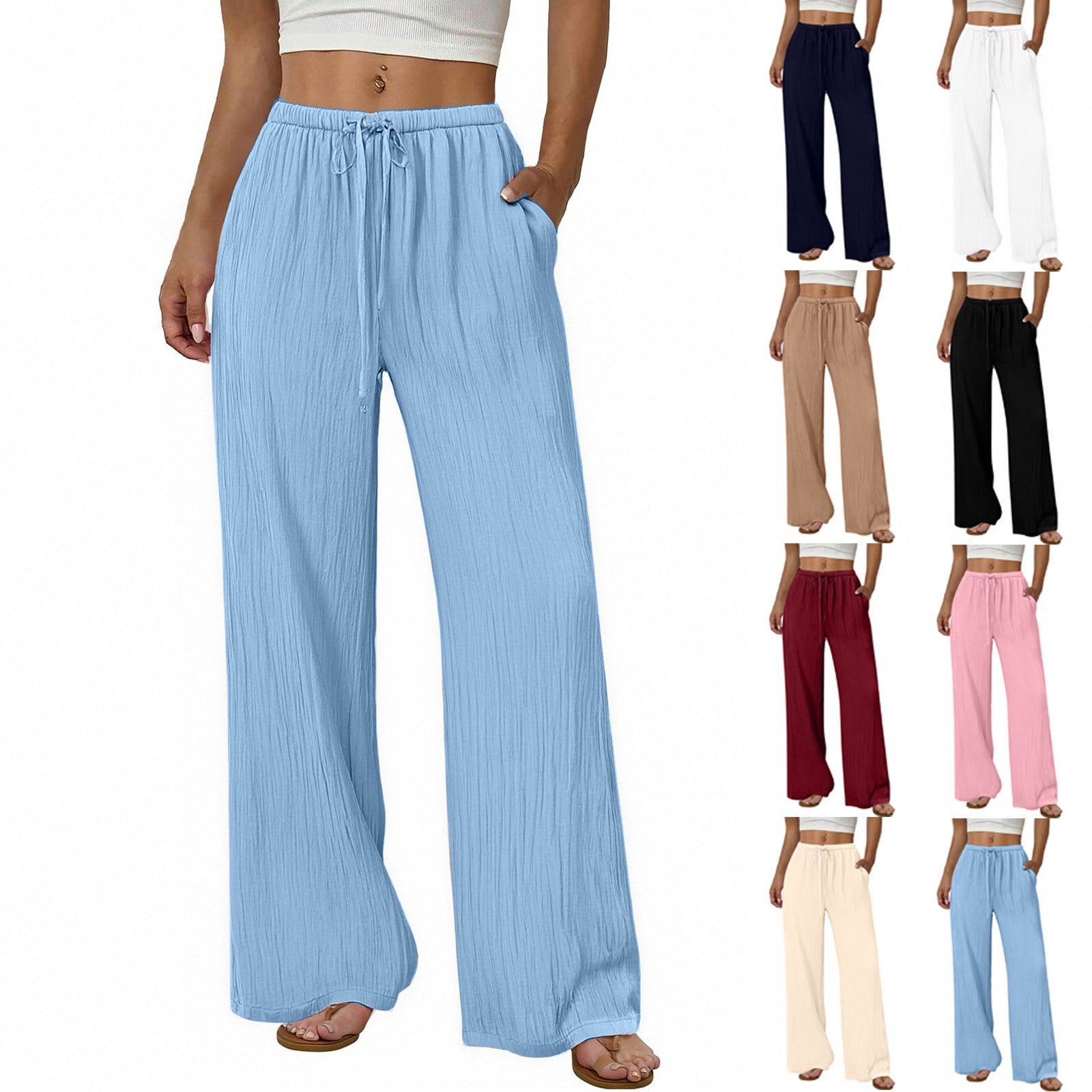 AnuYalue Women's Wide Leg Beach Pants Elastic Waist Lightweight Casual ...