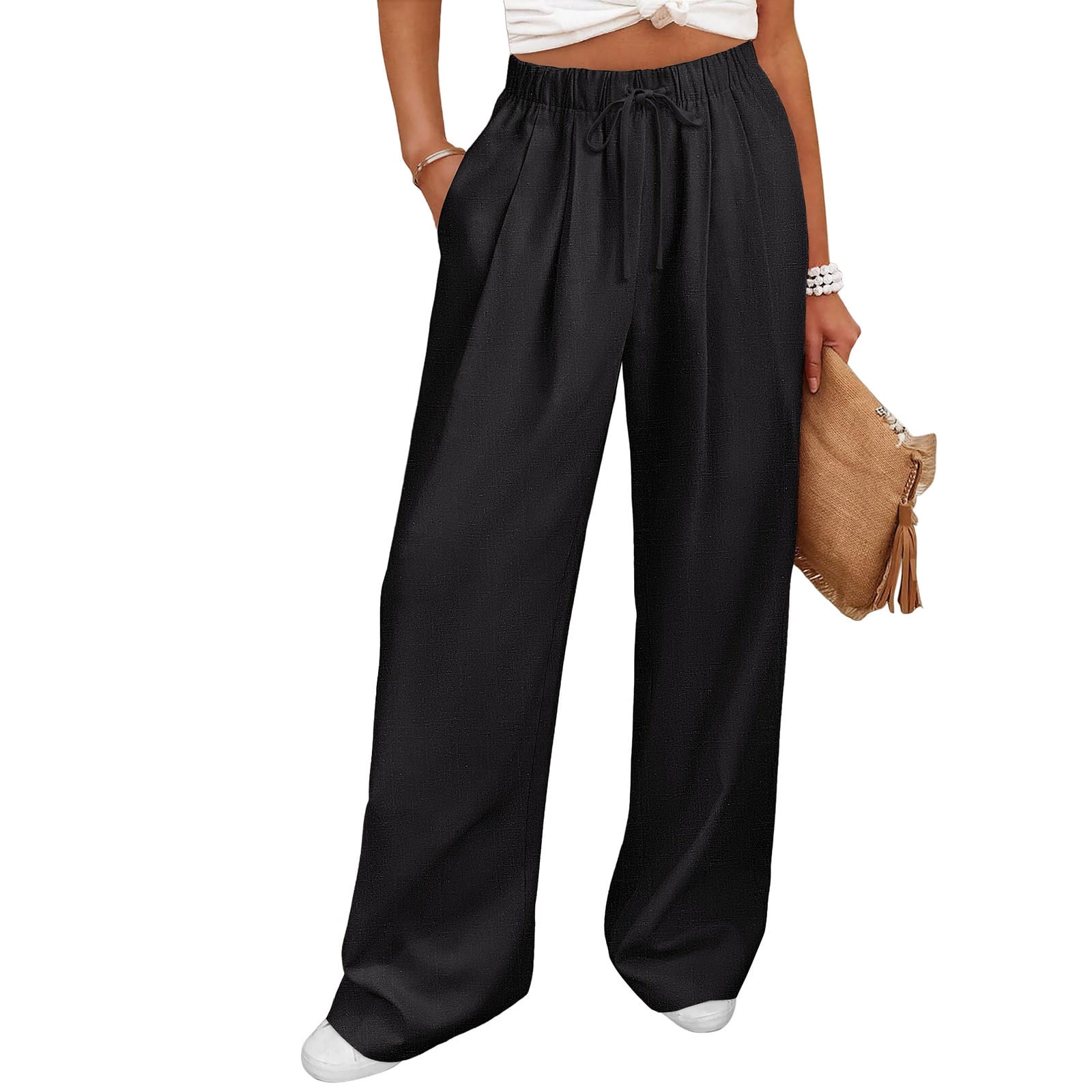 AnuYalue Women's Wide Leg Pants High Waisted Drawstring Loose Palazzo ...