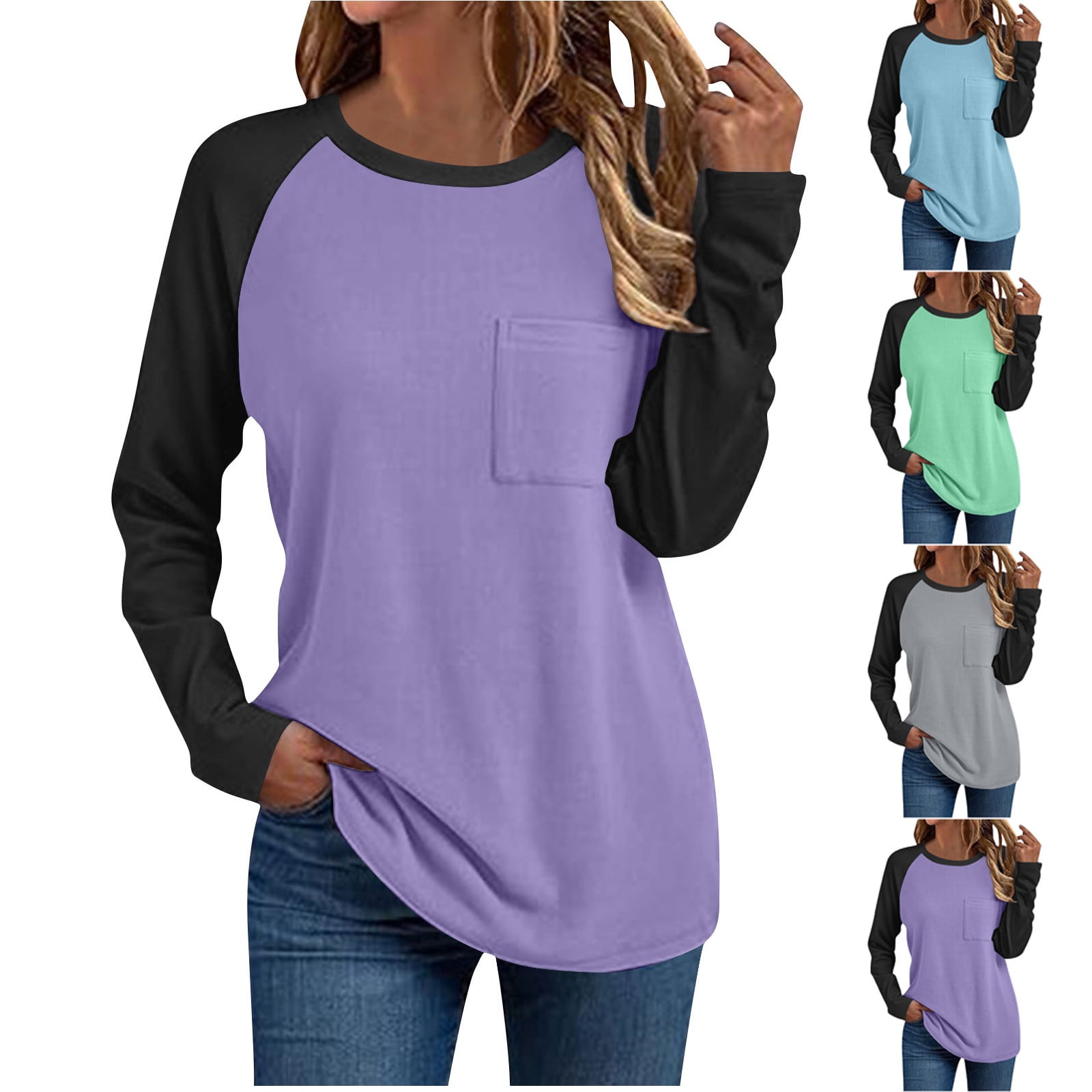 AnuYalue Womens Color Block T-Shirt Trendy Long Sleeve Crewneck Tees ...