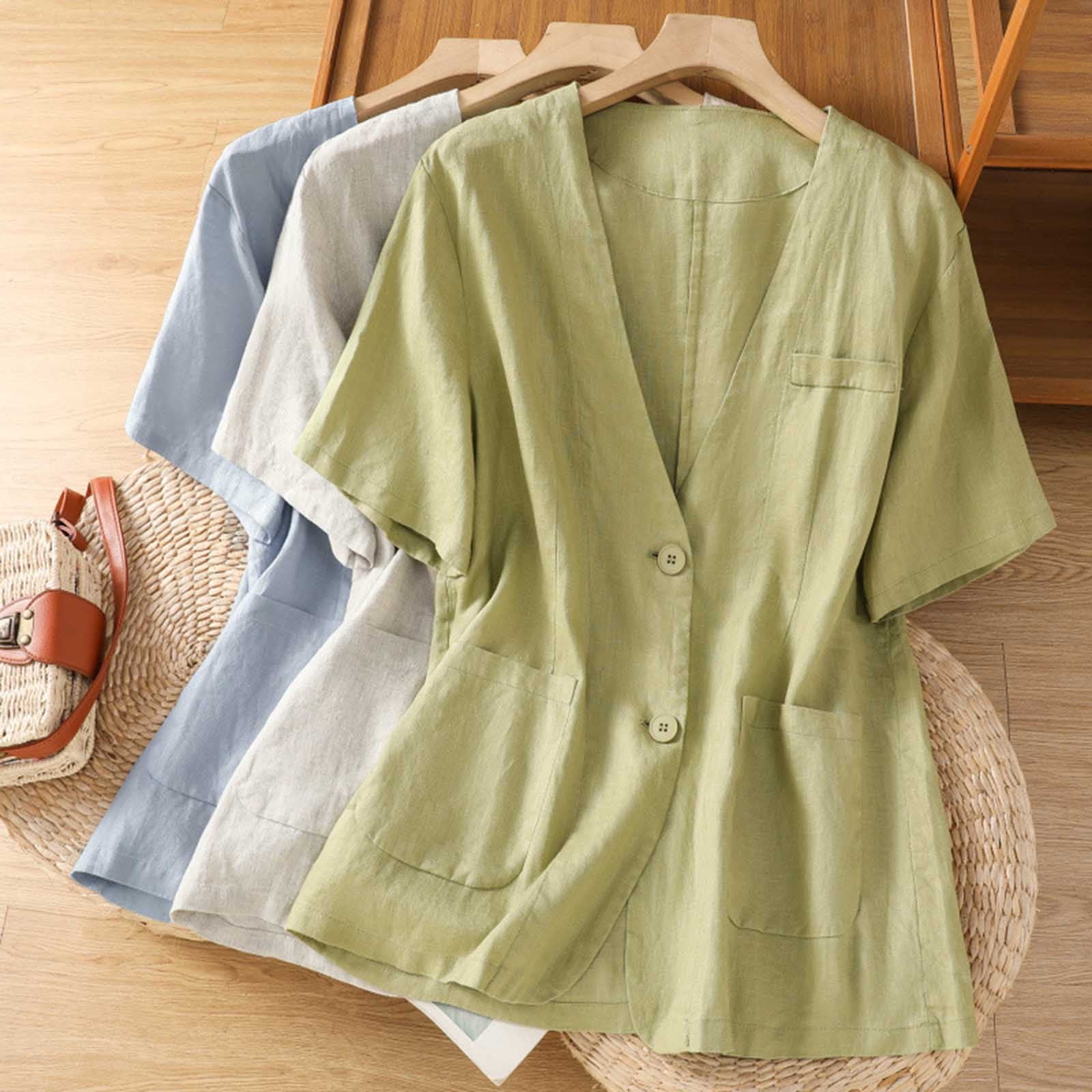AnuYalue Womens Cotton Linen Shirt V Neck Single Breasted Blazer Short ...