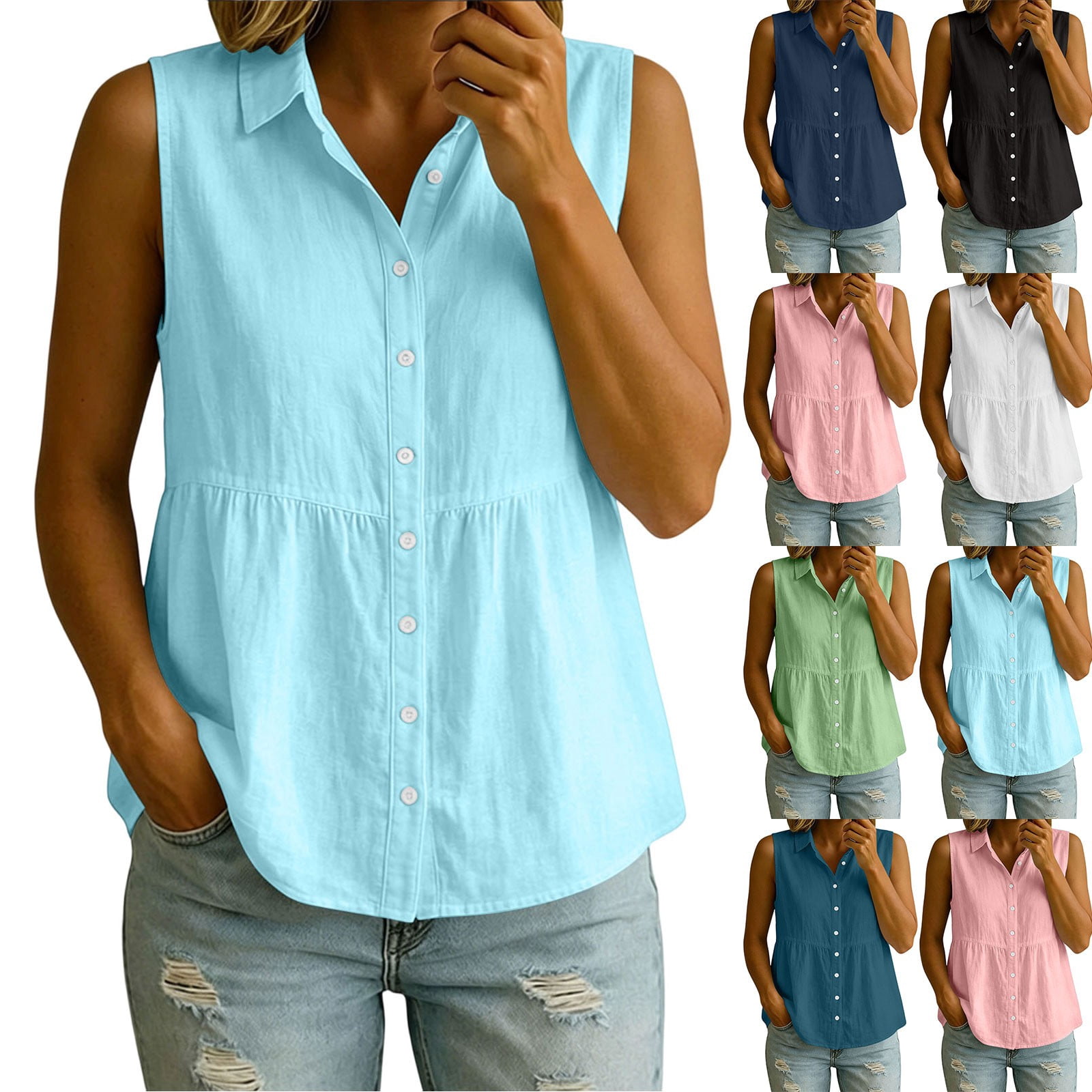 AnuYalue Womens Linen Collared Tank Tops Summer Buttons Down Lapel ...