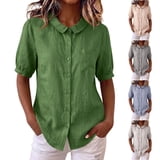 AnuYalue Womens Linen Tops V Neck Short Sleeve Button Down Shirts ...