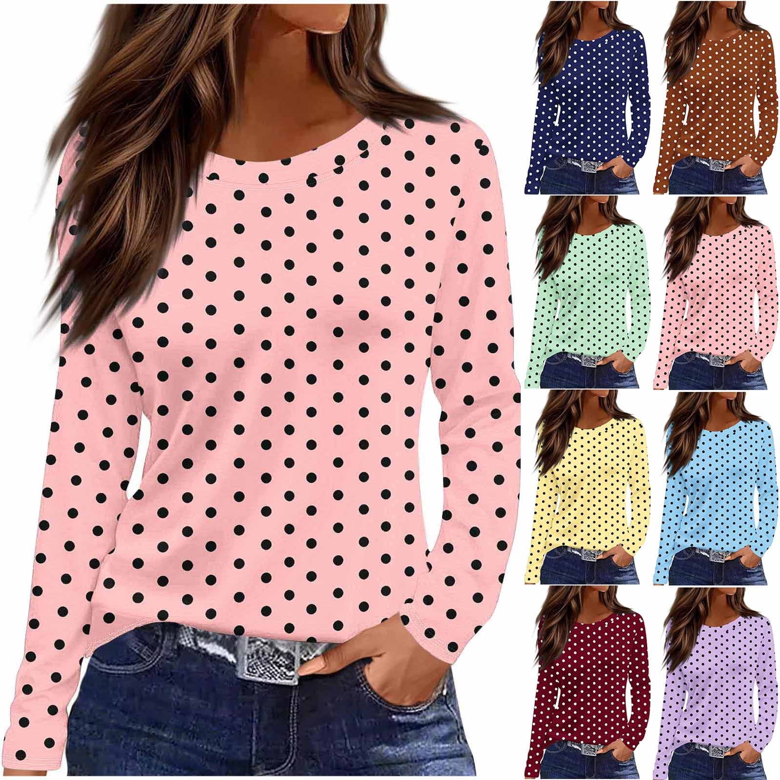 AnuYalue Womens Long Sleeve Shirts Crew Neck Polka Dots Slim Fit Basic ...