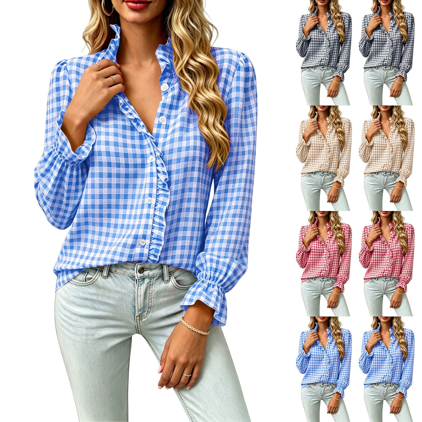 AnuYalue Womens Plaid Blouses Peasant Button Down Ruffle Neck Plaid ...