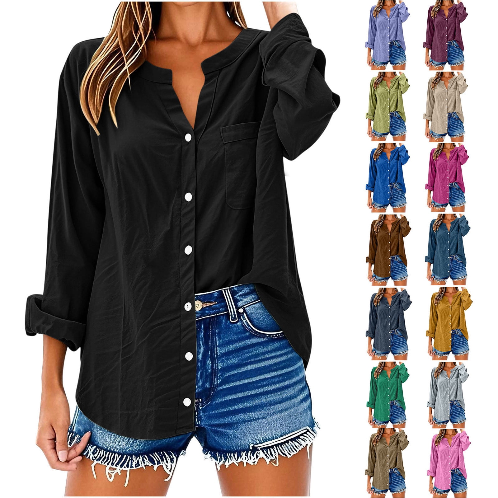 AnuYalue Womens Plus Size Shirt Loose Fit Long Sleeve Blouse Button ...