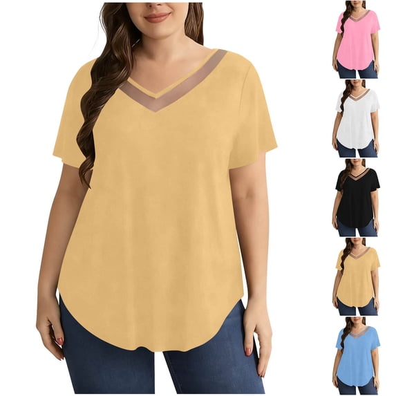 AnuYalue Womens Plus Size T-Shirt V Neck Tops Elegant Short Sleeve ...