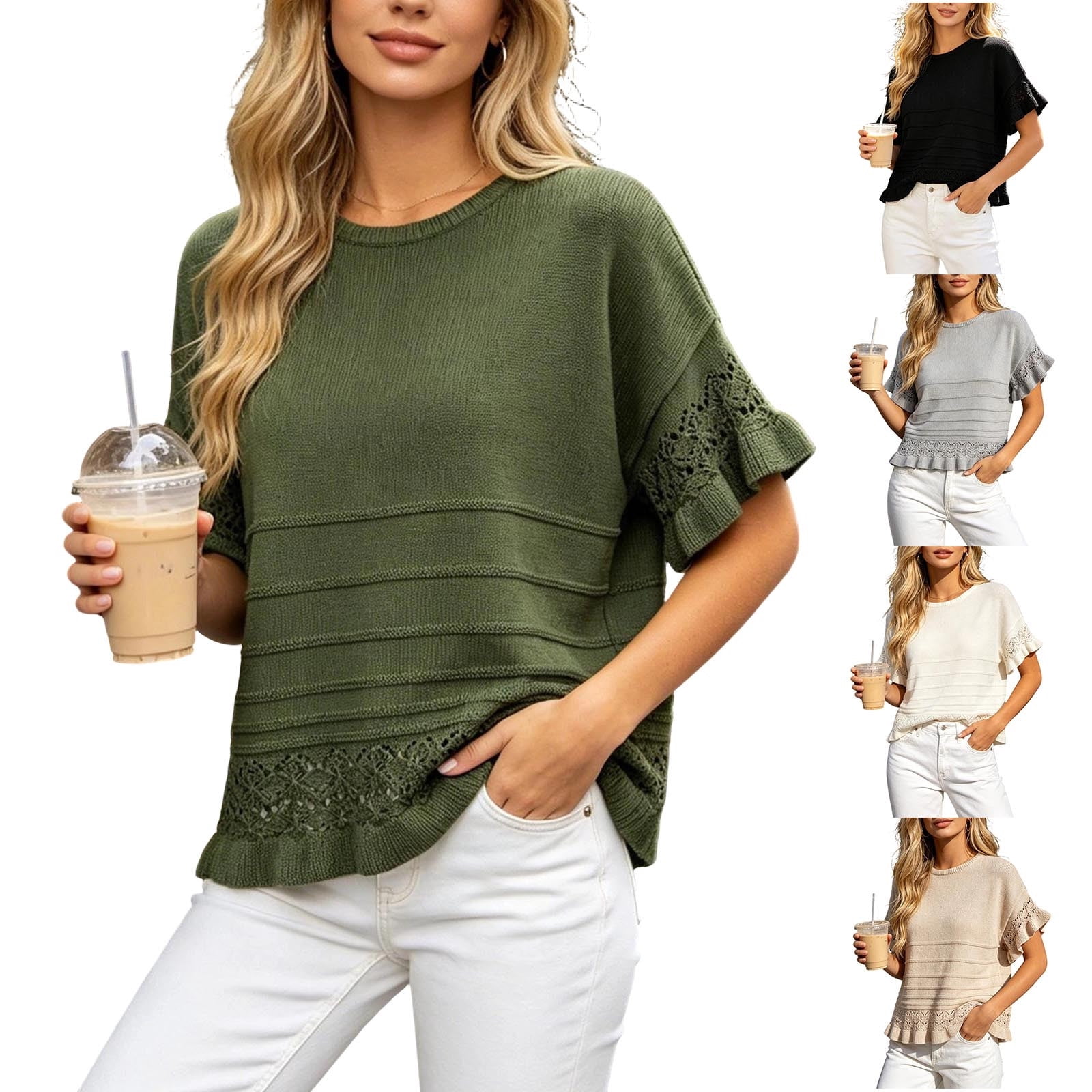 AnuYalue Womens Short Sleeve Sweater Round Neck Ruffled Hem Knit ...