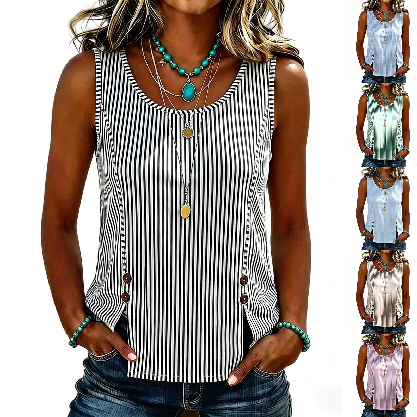 AnuYalue Womens Striped Tank Tops Sleeveless Shirts Side Button Blouses ...