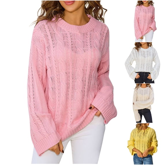 AnuYalue Womens Sweaters Fall Round Neck Knit Long Sleeve Pullover ...