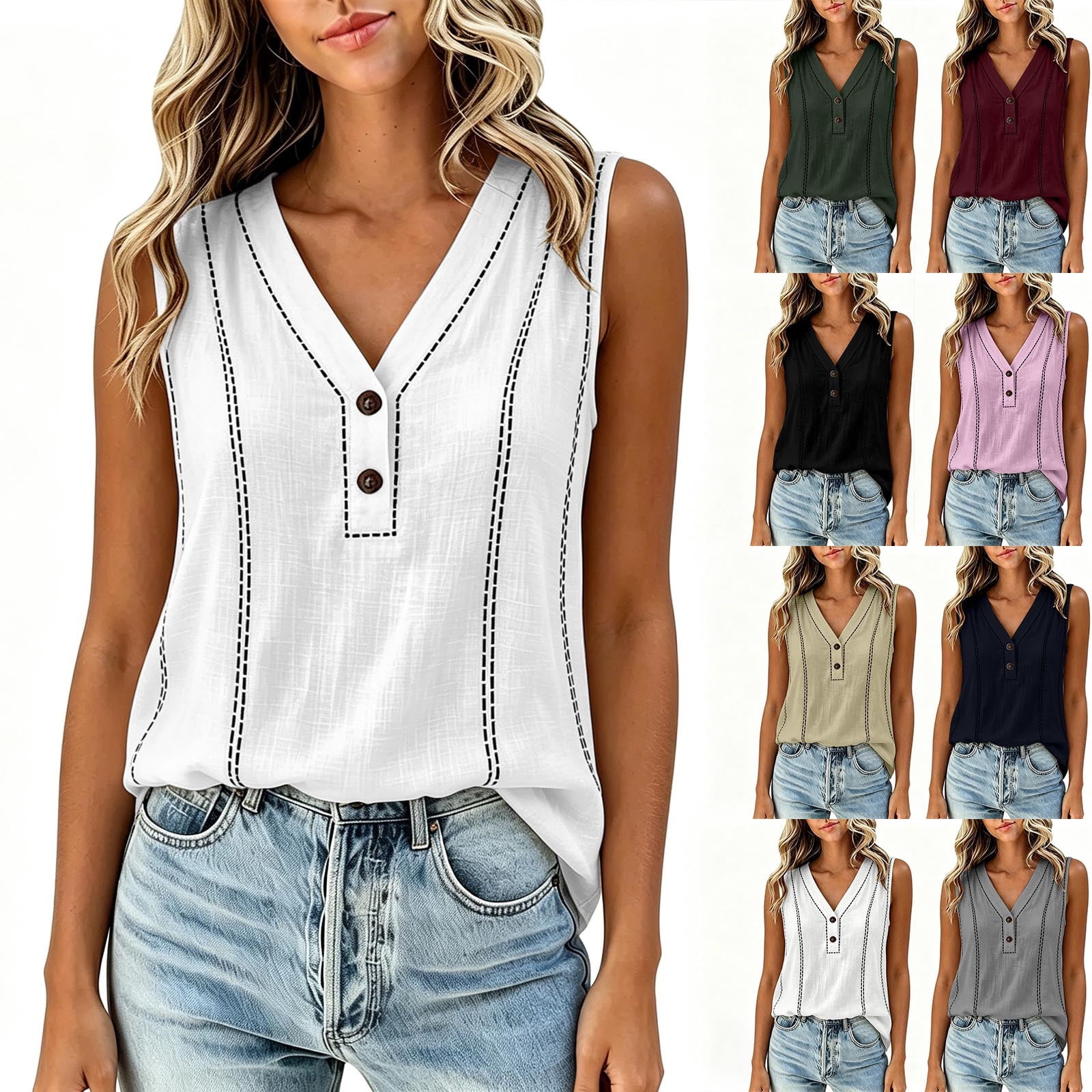 AnuYalue Womens V Neck Linen Tank Tops Dressy Sleeveless Button Down ...