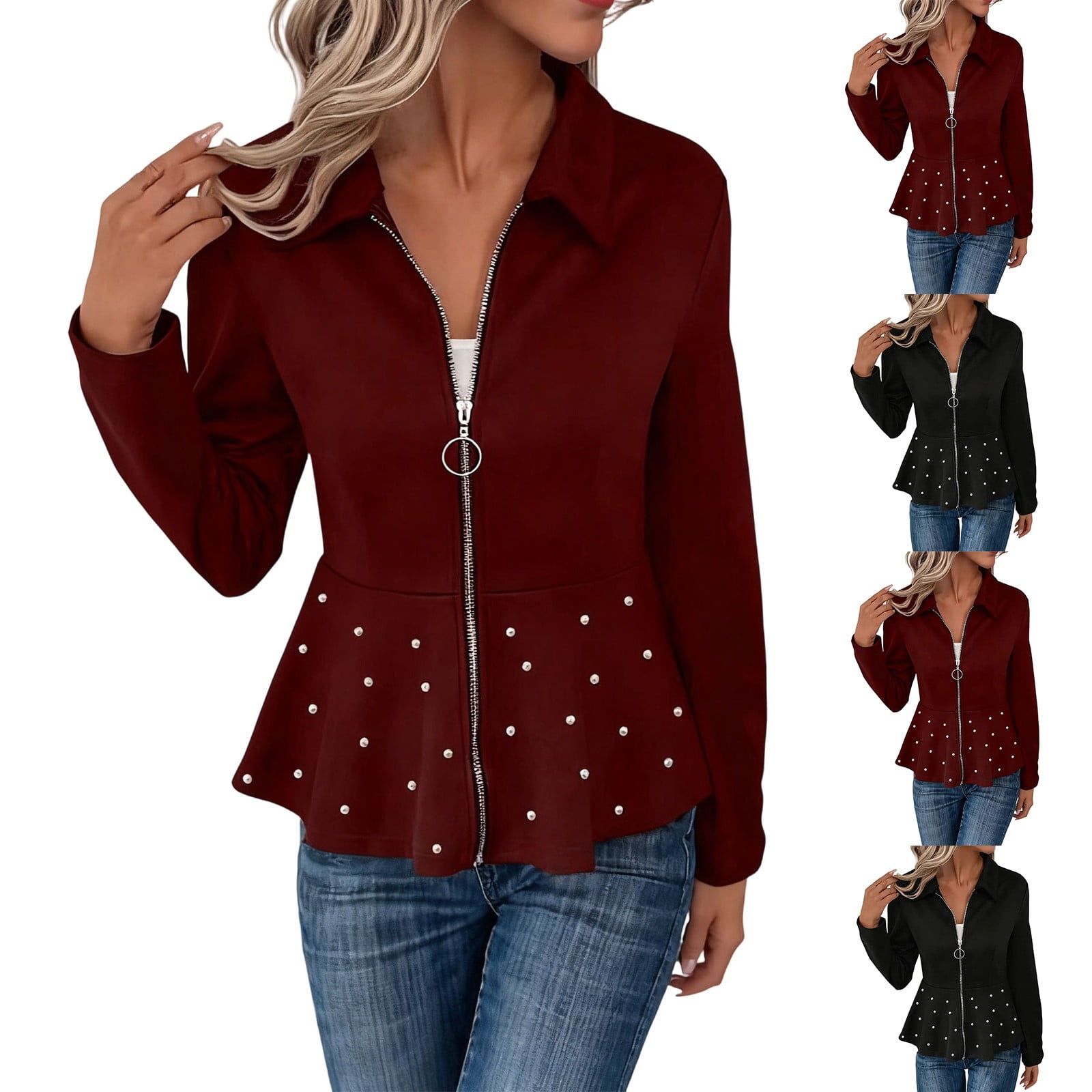 AnuYalue Womens Zip Up Jackets Collar Neck Lightweight A-Line Peplum ...