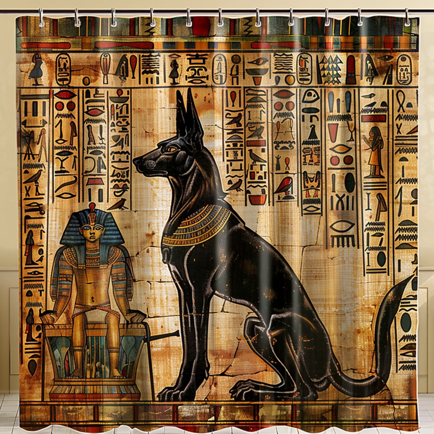 Anubis Egyptian Hieroglyphs Oil Painting Shower Curtain Rich Colors ...