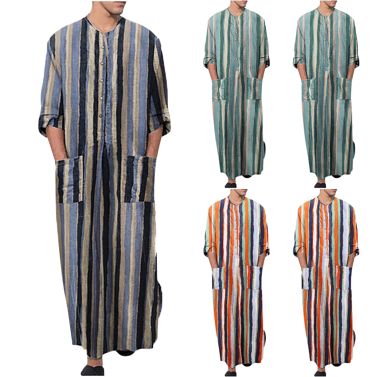 AnuirheiH Men's Striped Muslim Robes Button Up Long Sleeve Kaftan Thobe ...